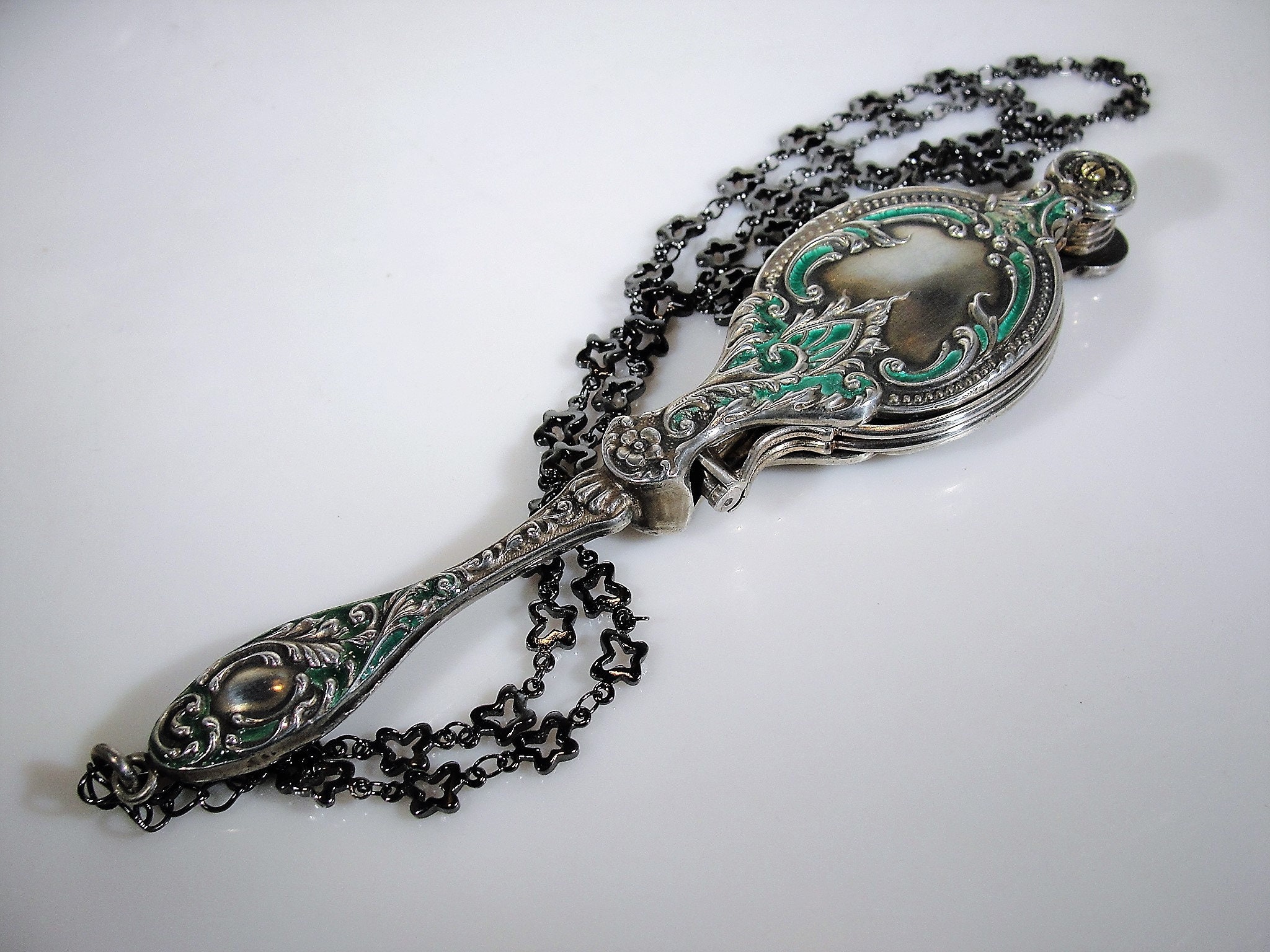 Antique Lorgnette, Victorian Sterling Silver Green Enamel Embellished ...