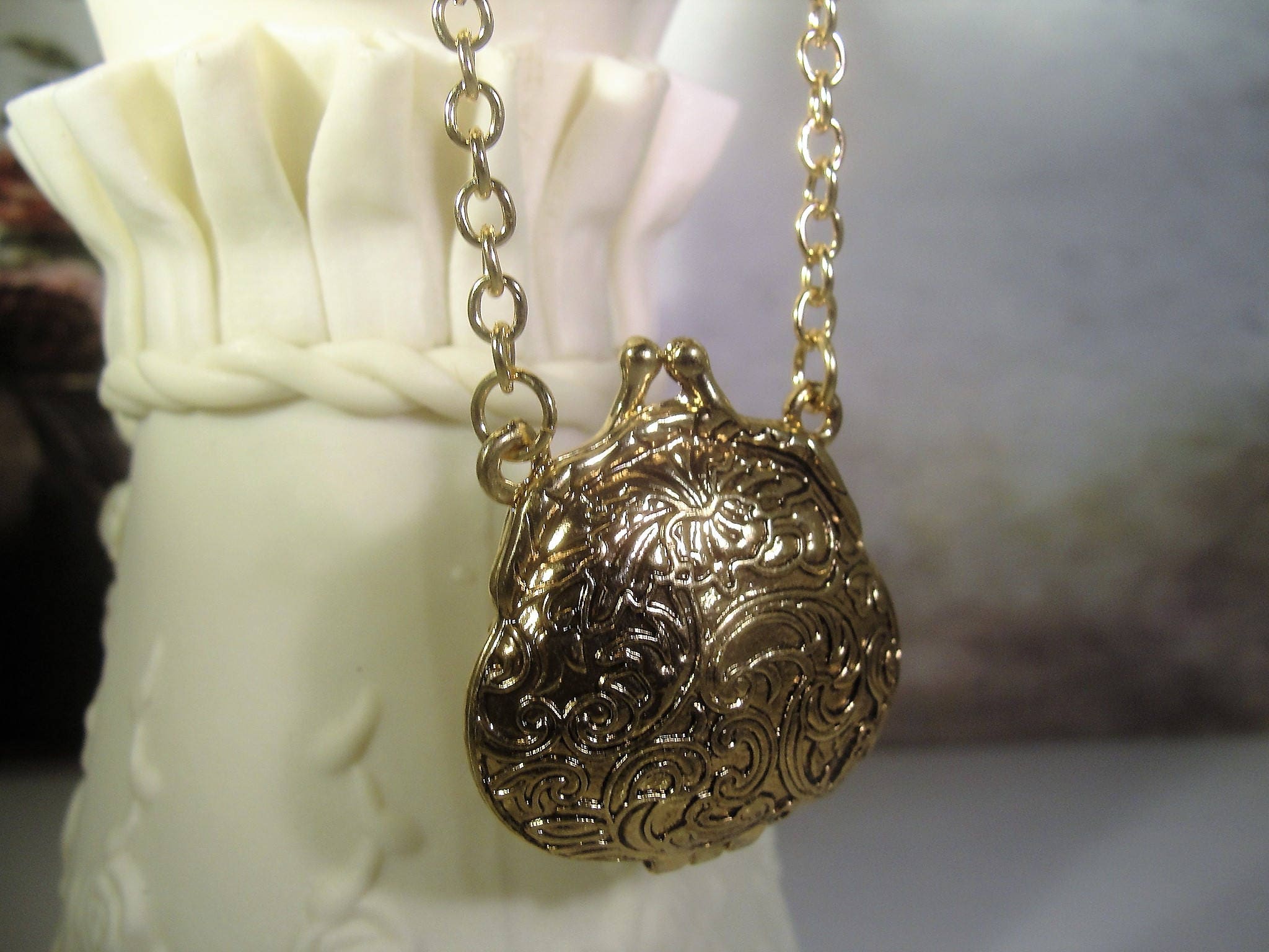 Victorian Revival Chased Purse Necklace, Purse Necklace, Chatelaine ...