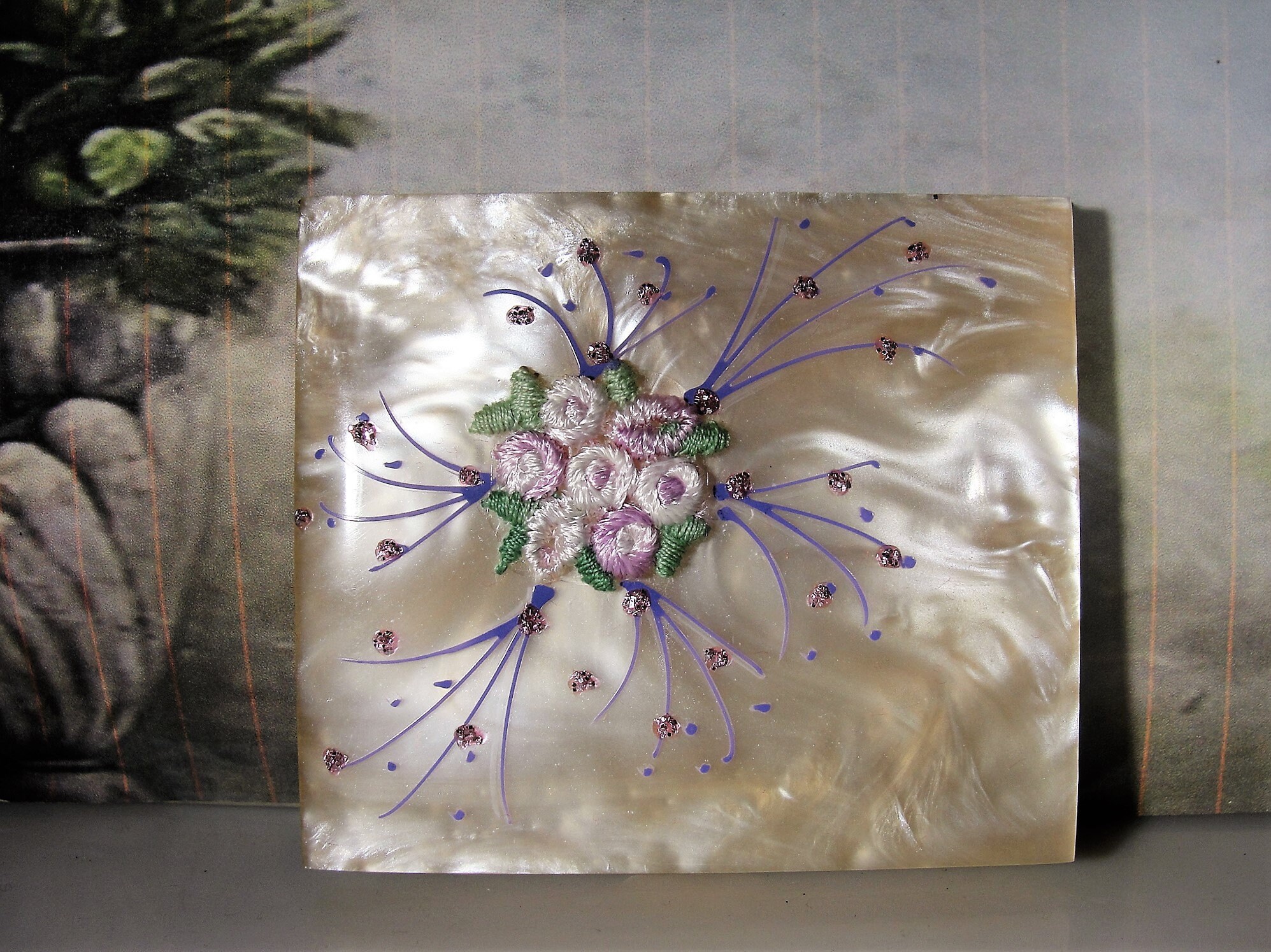 Powder Compact, Lucite Compact with Purple Embroidered Flowers & Hand ...