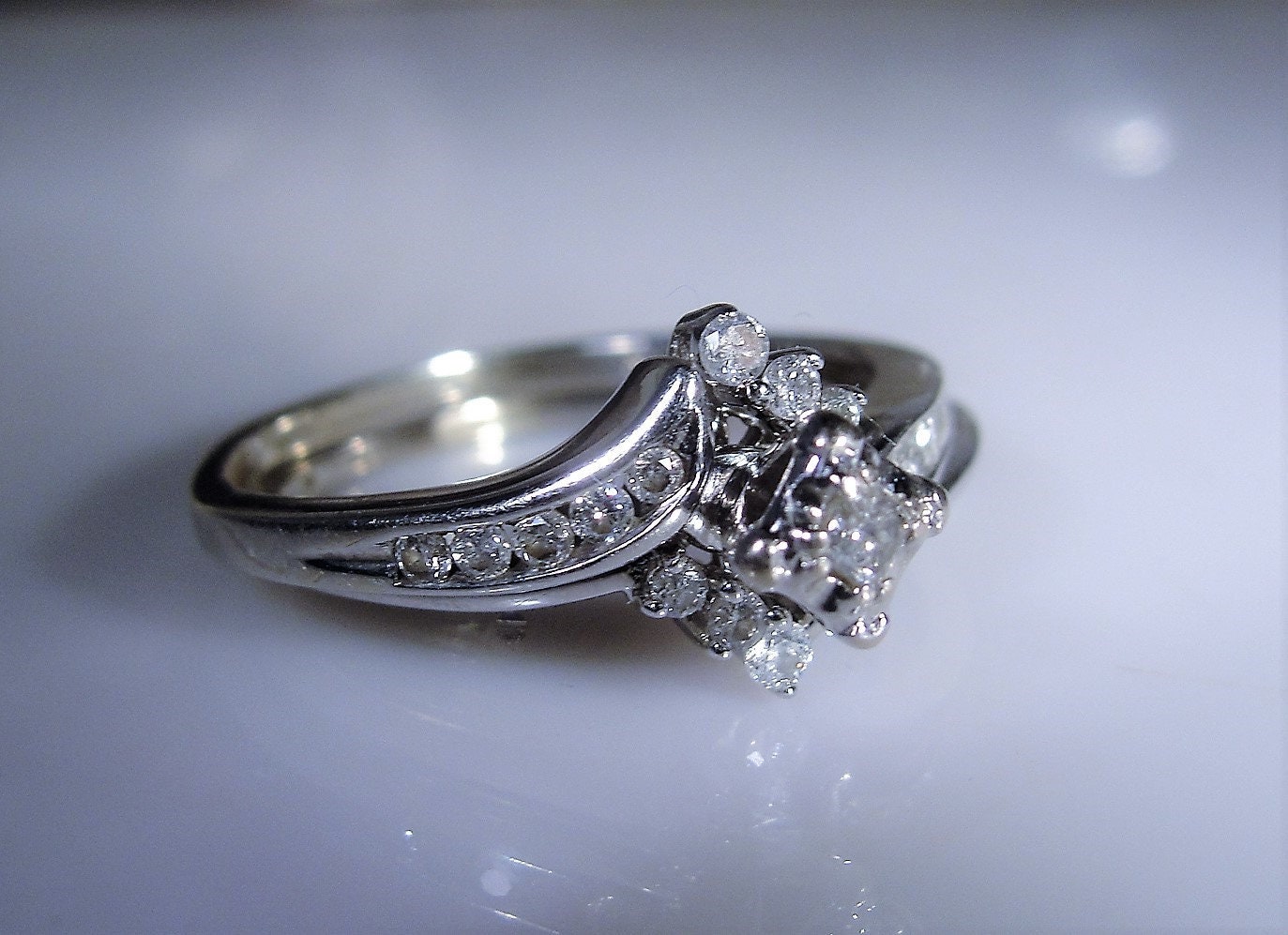 10K Bridal Ring Set, White Gold Ring, Petite Diamond Rings, Engagement ...