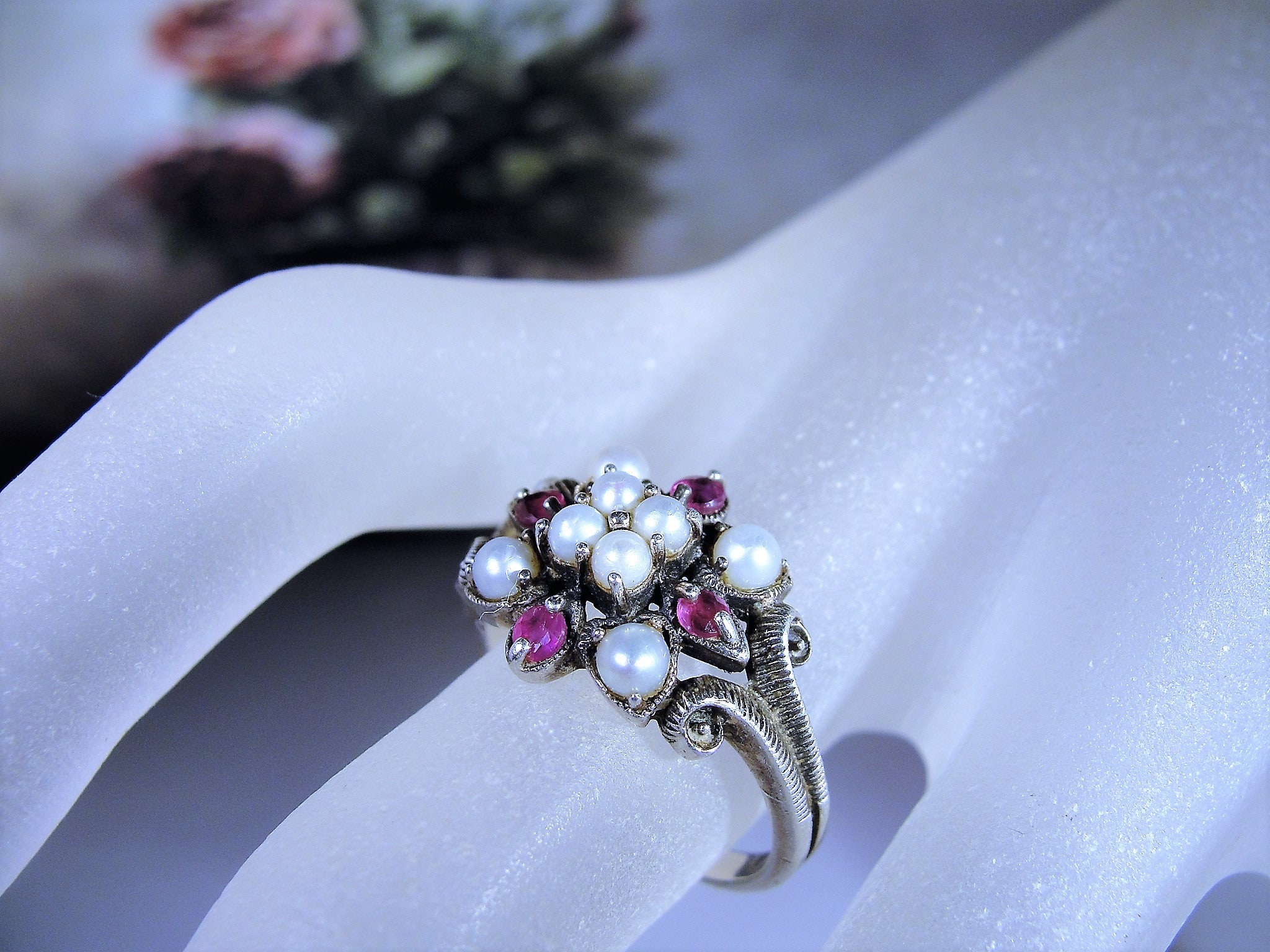 Ruby Seed Pearl Ring, Victorian Genuine Ruby and Seed Pearls Sterling ...