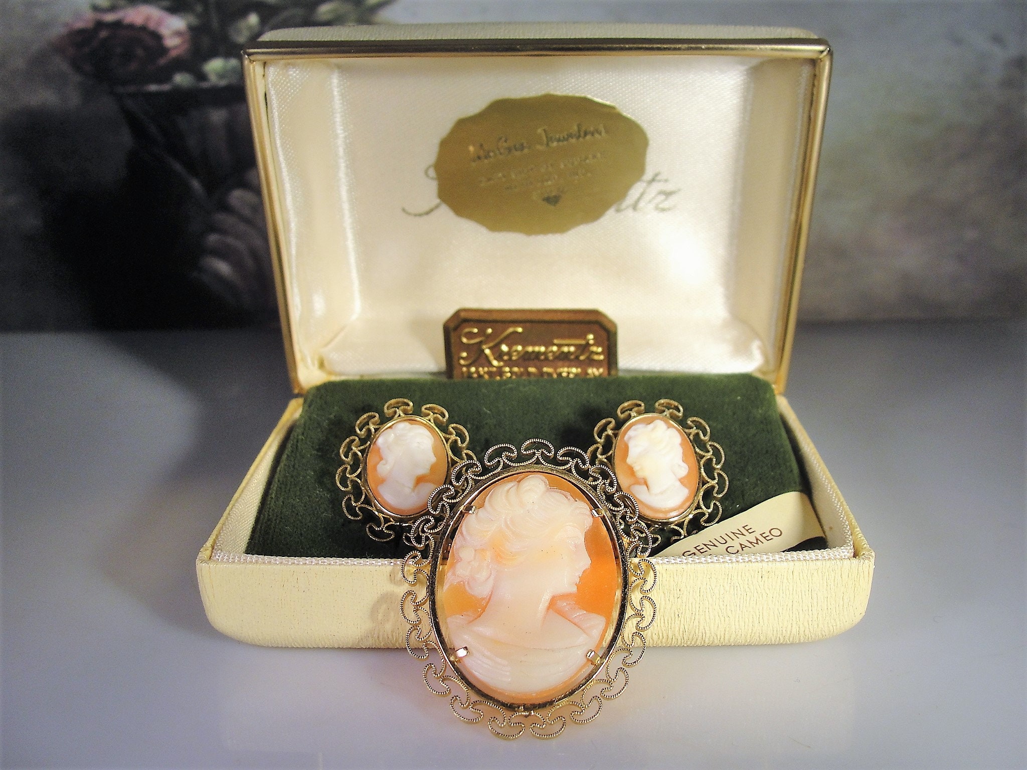 Brooch and Earrings Set, Vintage KREMENTZ Genuine Carved Shell Cameo ... Brooch and Earrings Set, Vintage KREMENTZ Genuine Carved Shell Cameo ...