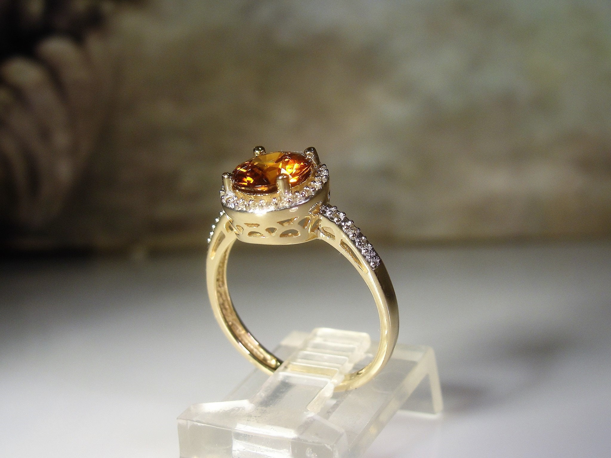 14K Gold Ring, Golden Imperial Champagne Brazilian Topaz and Diamond ...