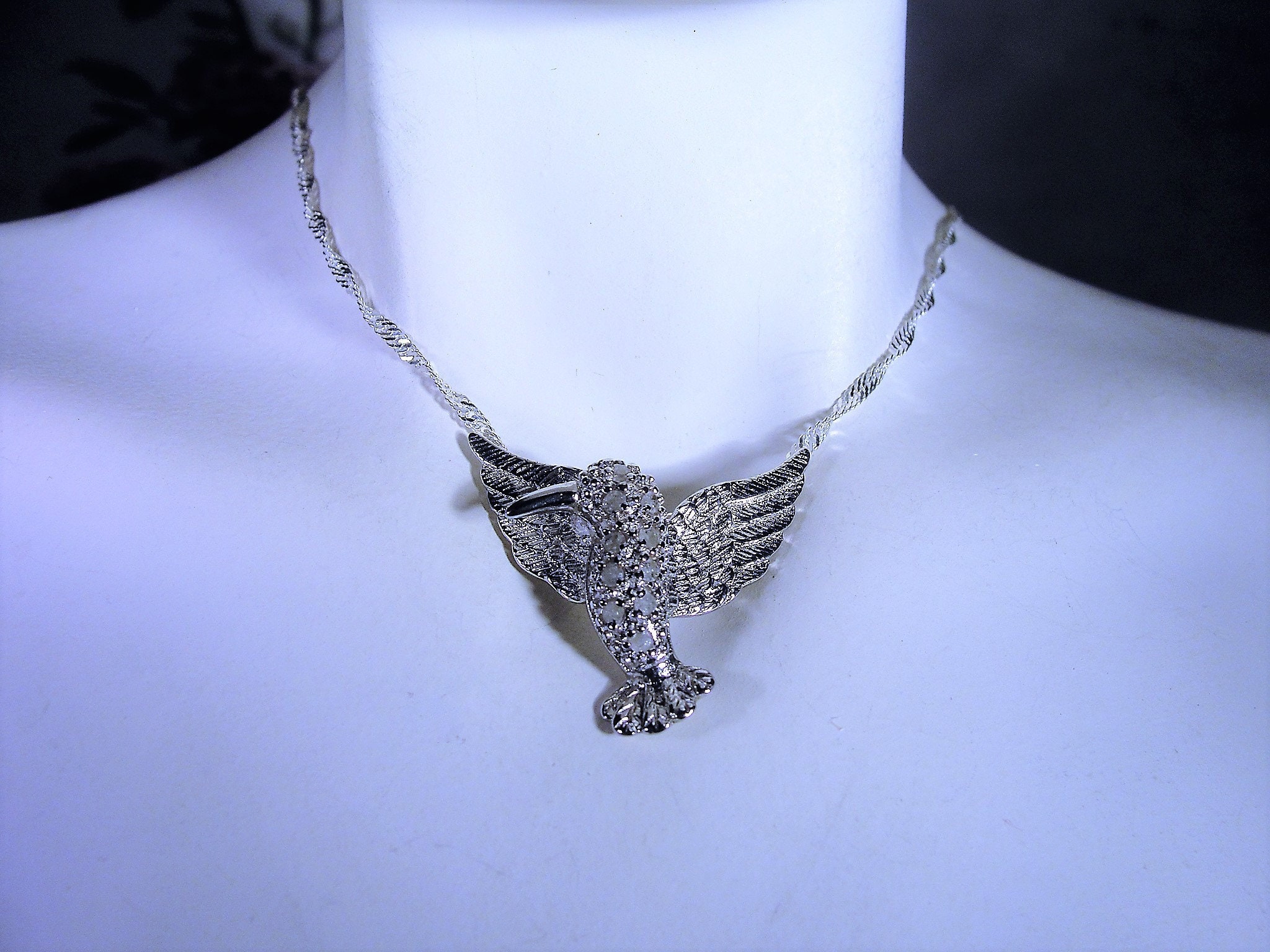 Vintage Sterling Silver Diamond Hummingbird Necklace / Pendant, .10 CTW ...