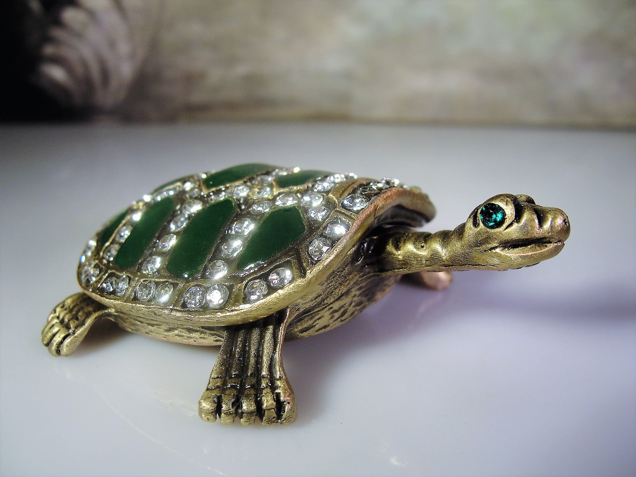 Rhinestone Turtle Trinket Box, Enamel Turtle, Turtle Trinket Box, Green ...