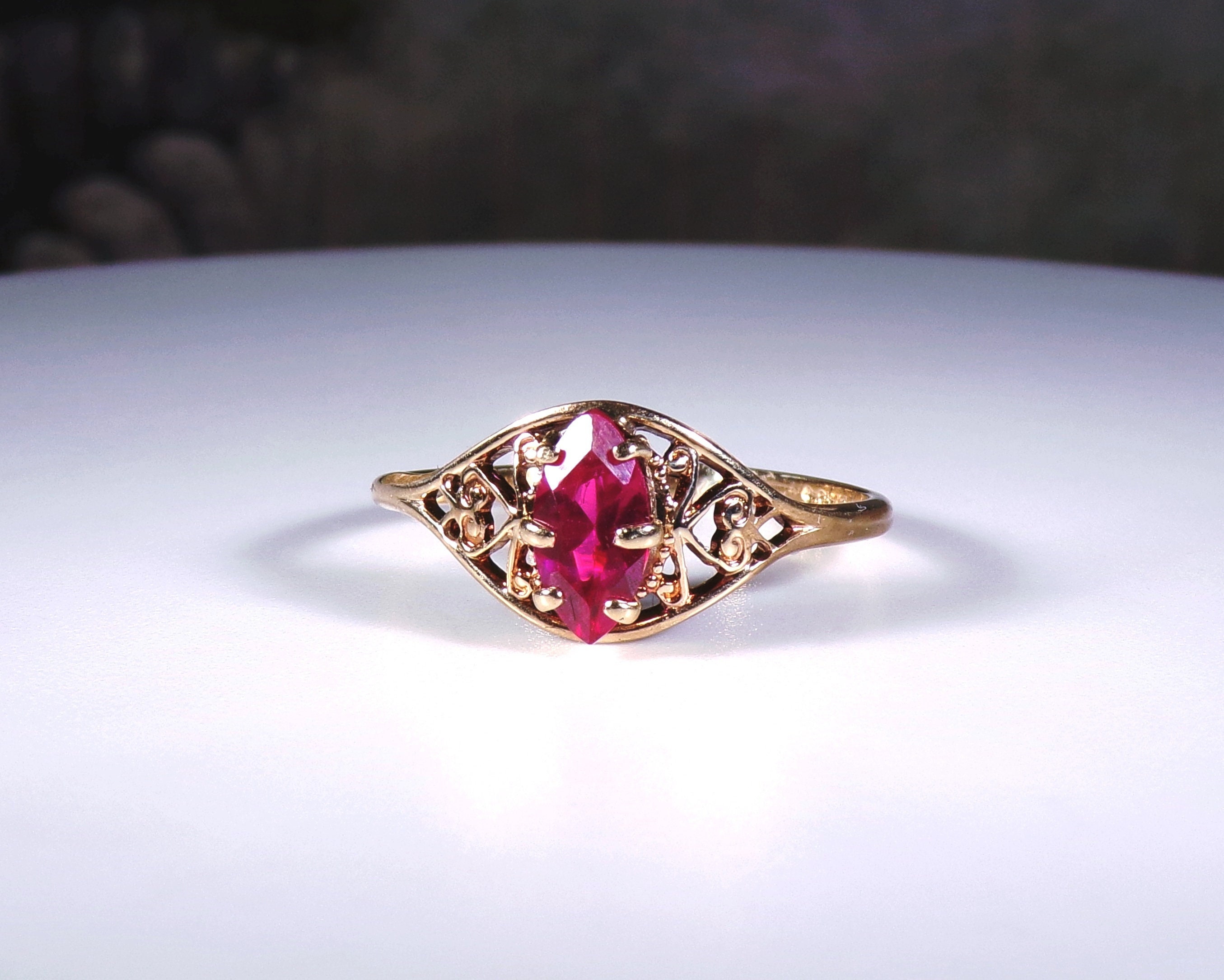 Ruby Ring, Victorian 10K Yellow Gold Marquise Ruby Ring with Open Metal ...