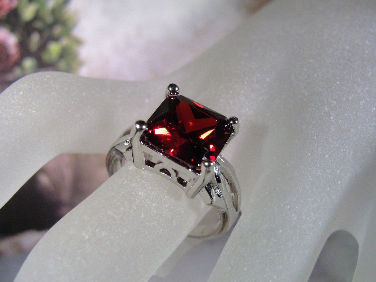 Red Square CZ Ring, Sterling Silver Ring, Square Cut Red Cubic Zirconia ...