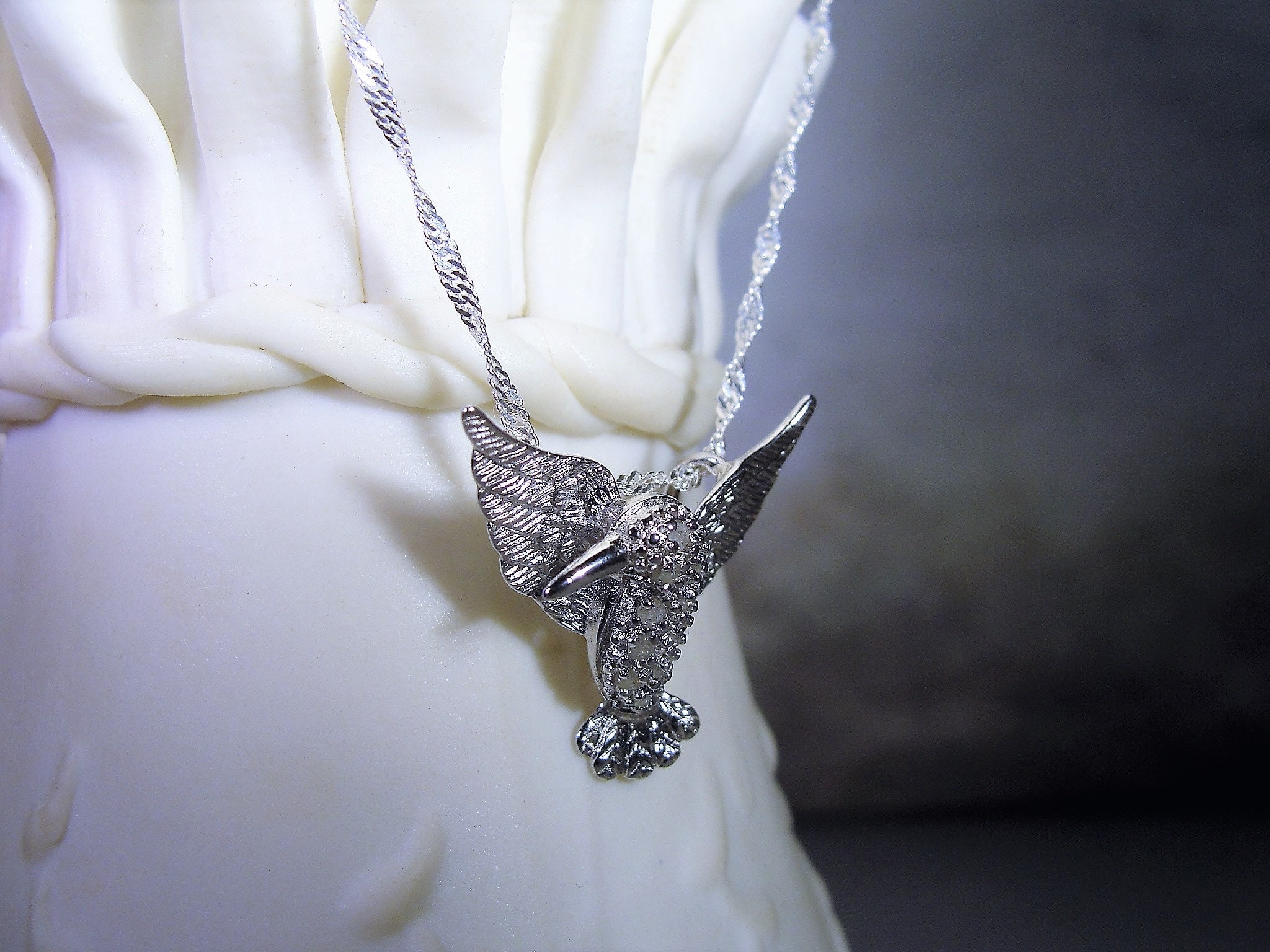 Vintage Sterling Silver Diamond Hummingbird Necklace / Pendant, .10 CTW ...