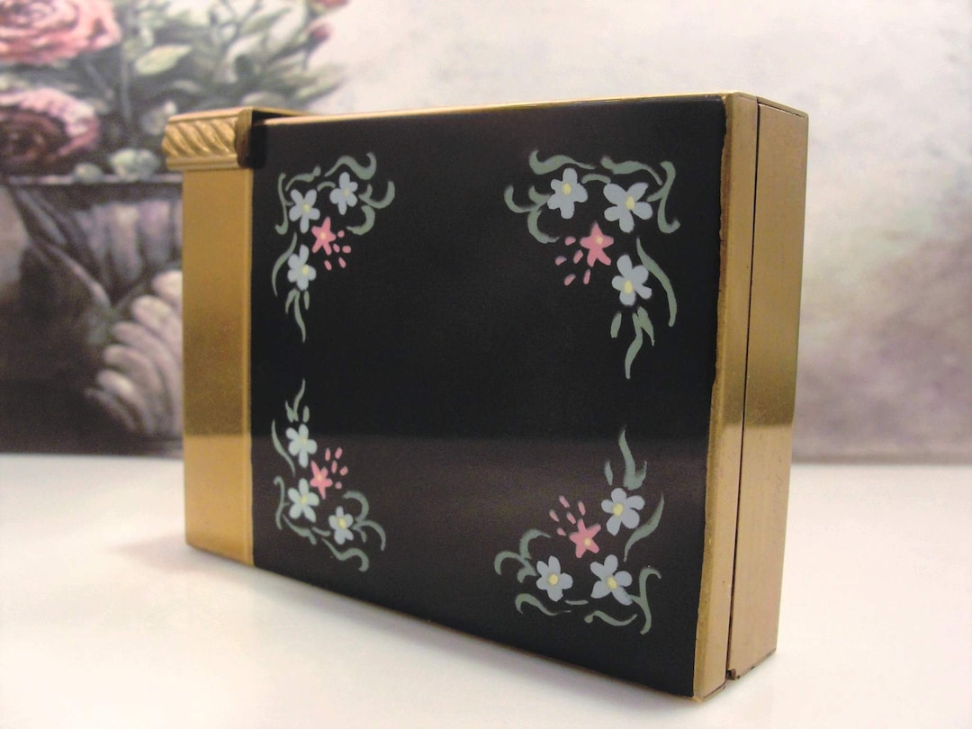 Powder Compact - Black Enamel - Floral Design - Powder Compact ...