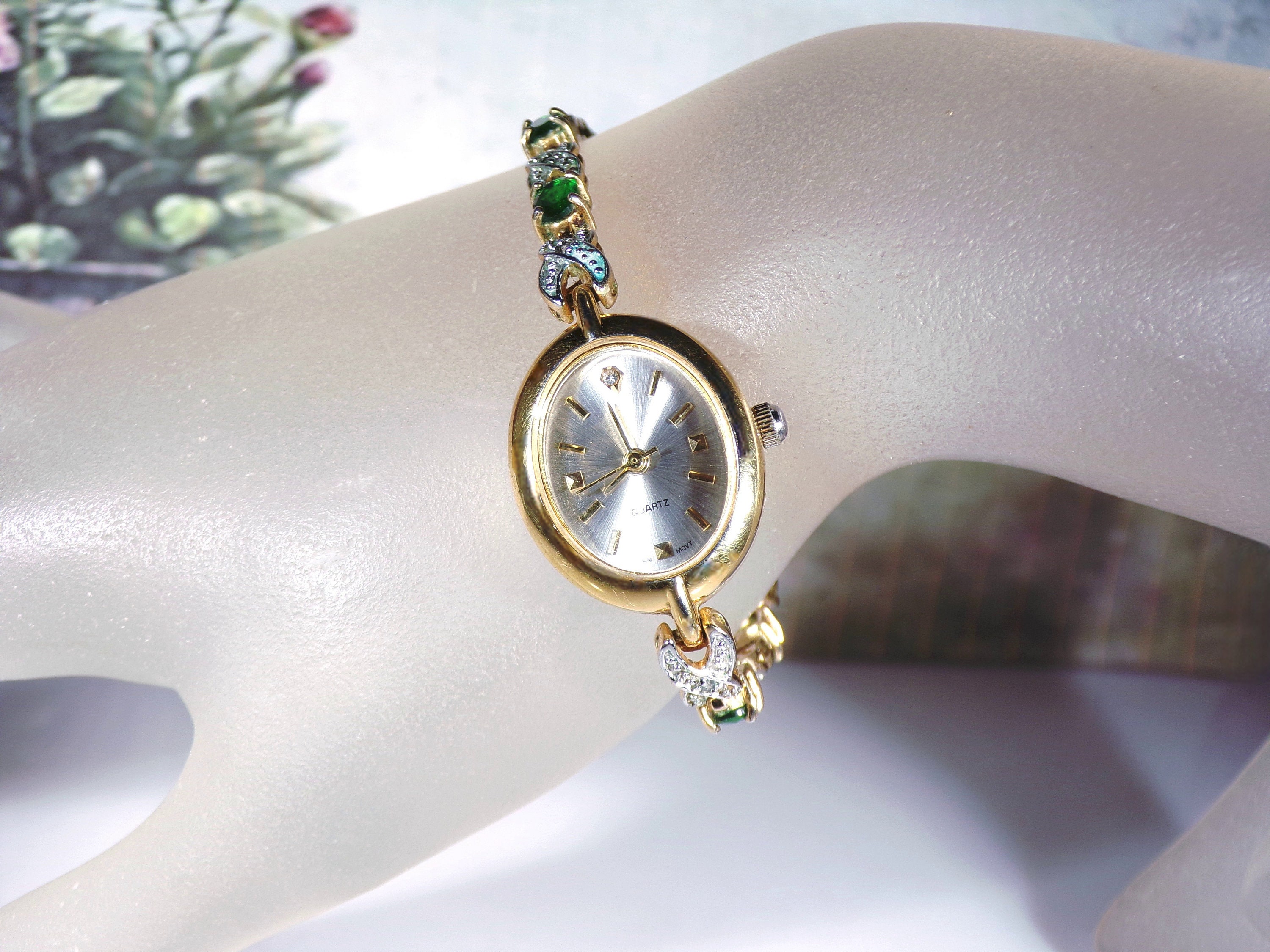 Women’s Wrist Watch, Vintage Green Emerald Quartz and Diamond Wrist ...