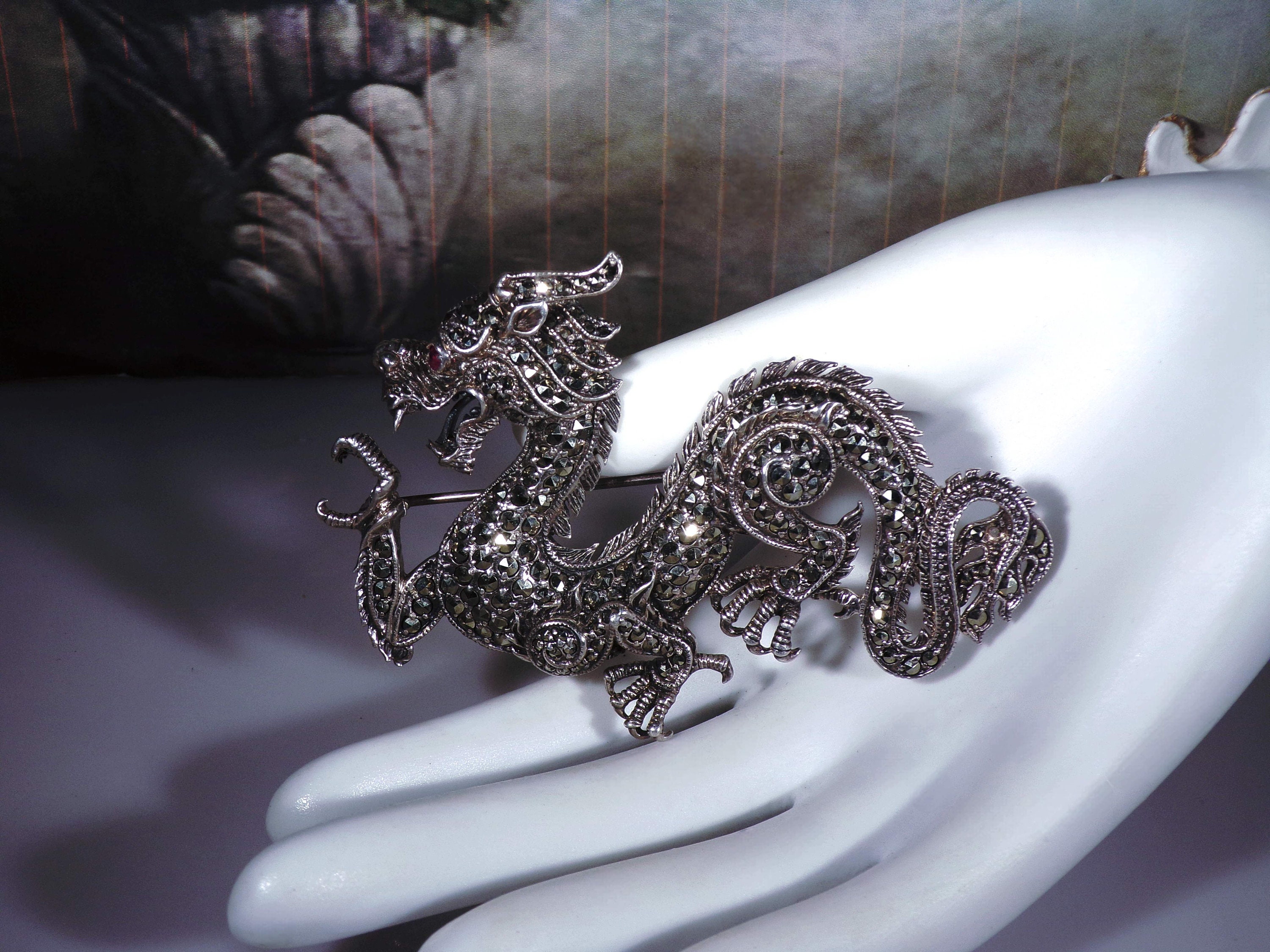 Large Sterling Silver Marcasite Dragon Brooch – Genuine Ruby Gemstone ...