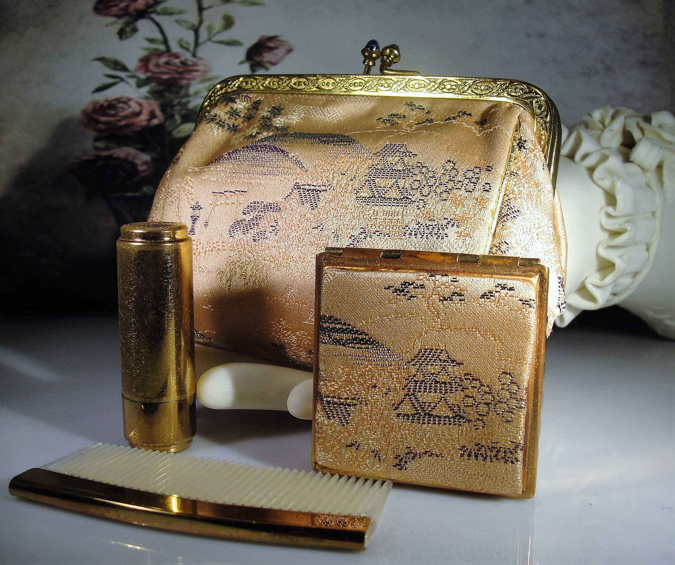 Purse Set, MAJESTIC 1950s Small Silk Gold Tone Purse and Matching ...