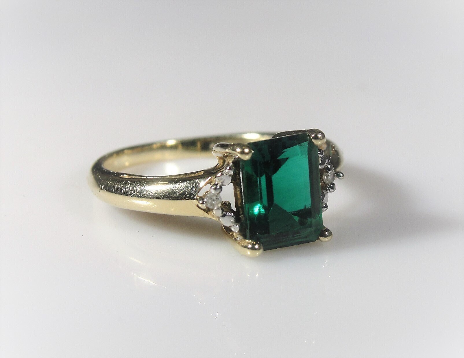 Emerald Ring, 10K Yellow Gold Emerald Cut Green Emerald and Diamond ...