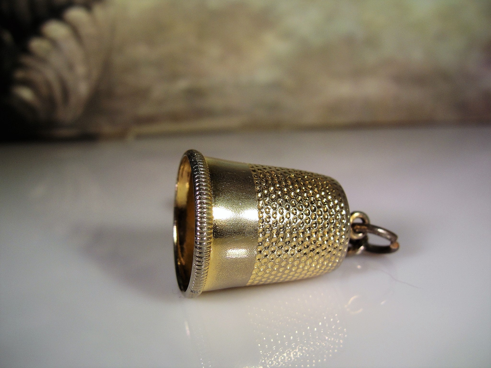 Thimble Key Ring, Guilloche Thimble, Thimble Charm, Gold Gilt Thimble ...