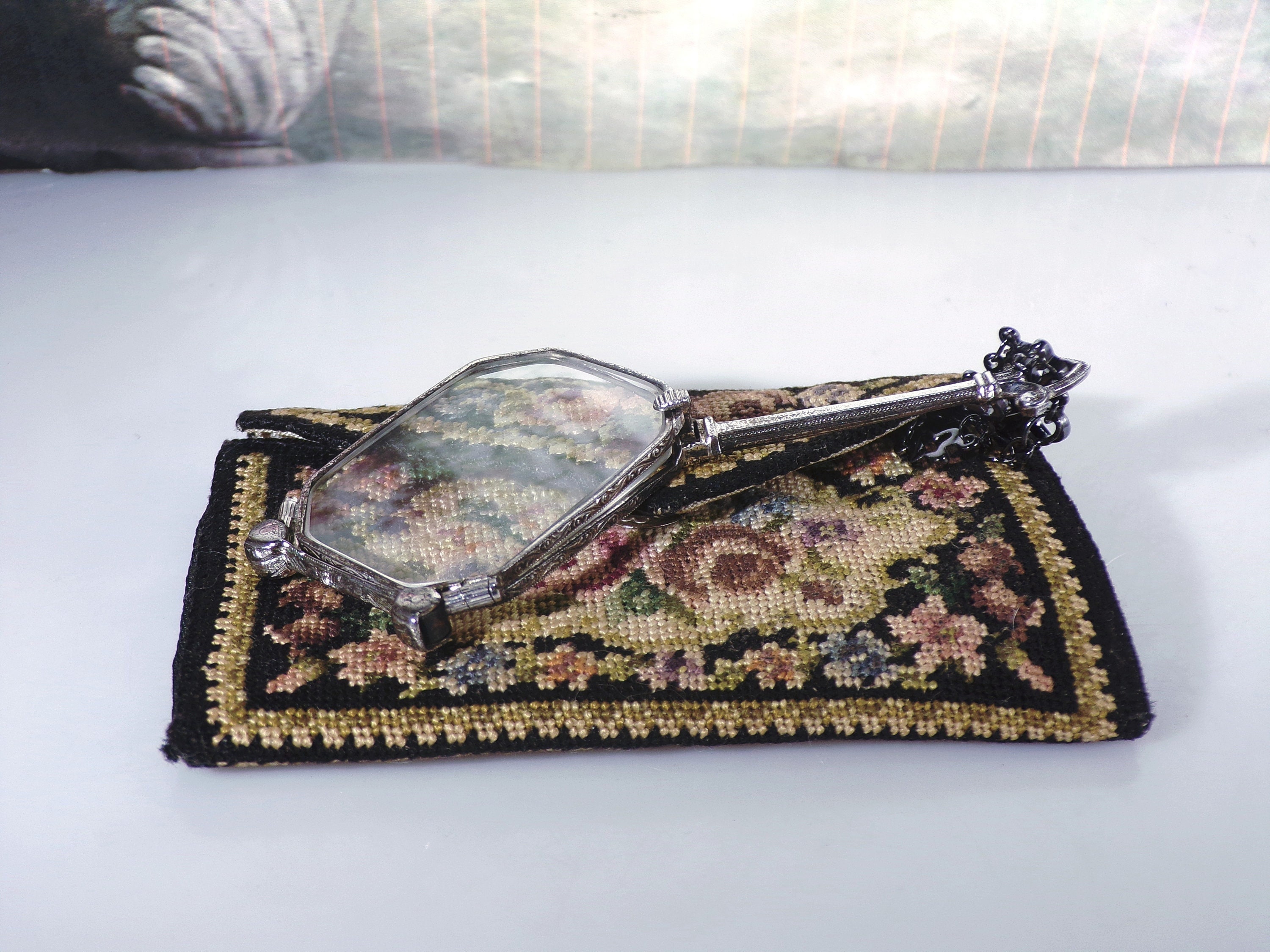 Antique Sterling Silver Lorgnette with a Petite Point Pouch, Art ...