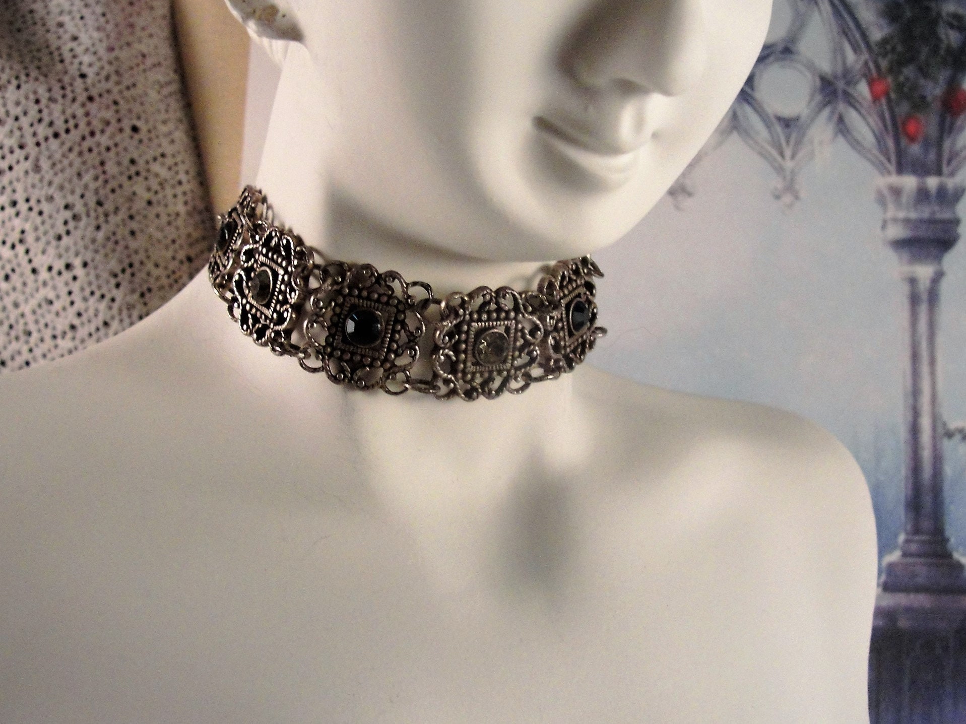 Edwardian Style Silver Link Choker, Silver Metal, Intricate Links, Dark ...