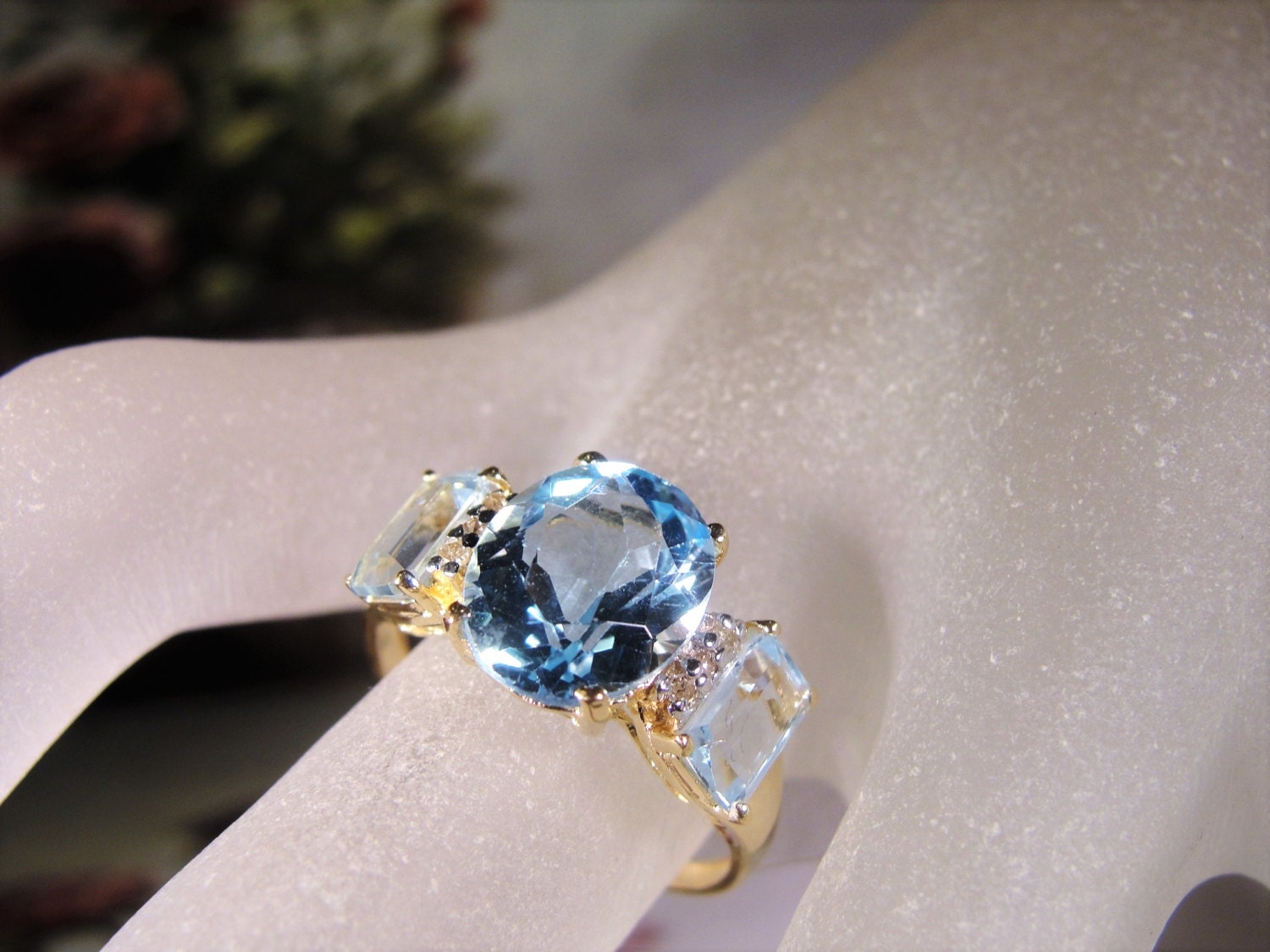 10K Gold Ring, Blue Topaz Ring, 3 Stone Topaz Ring, Swiss Blue Topaz ...