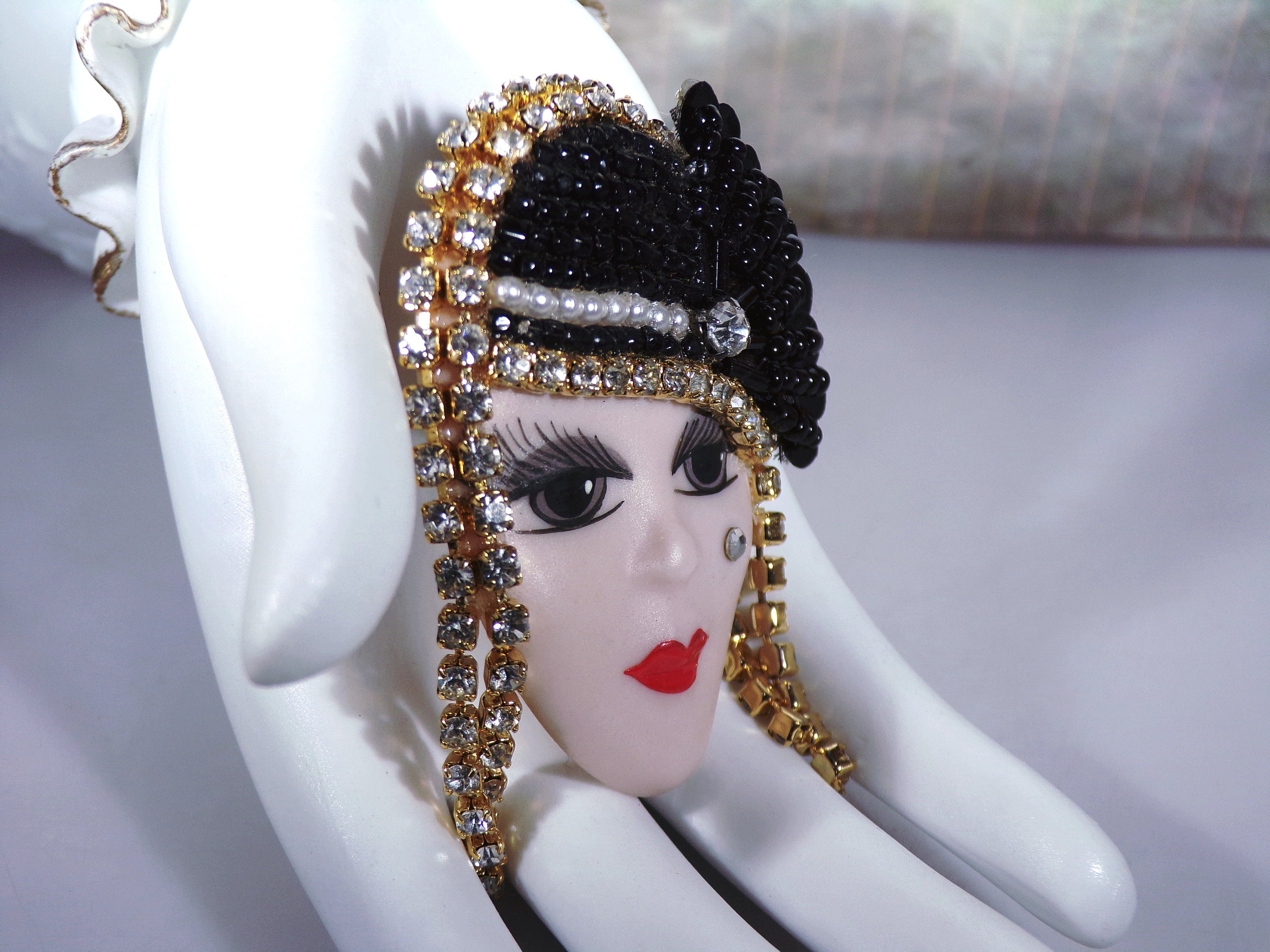 BEATRIZ Art Deco Flapper Girl Porcelain Swarovski Crystal Brooch, Hand ...