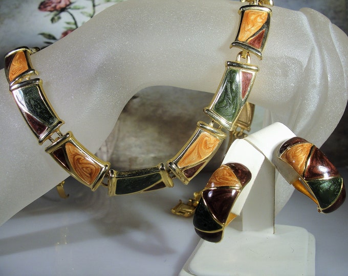 Jewelry Set - Retro Enamel Jewelry Set - Green Burgundy and Gold Choker ...
