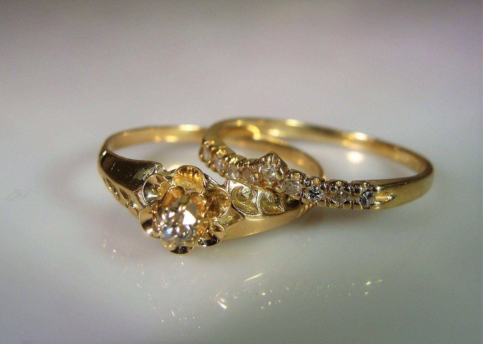 Vintage 14K Yellow Gold Belcher Buttercup Diamond Bridal Ring Set ...