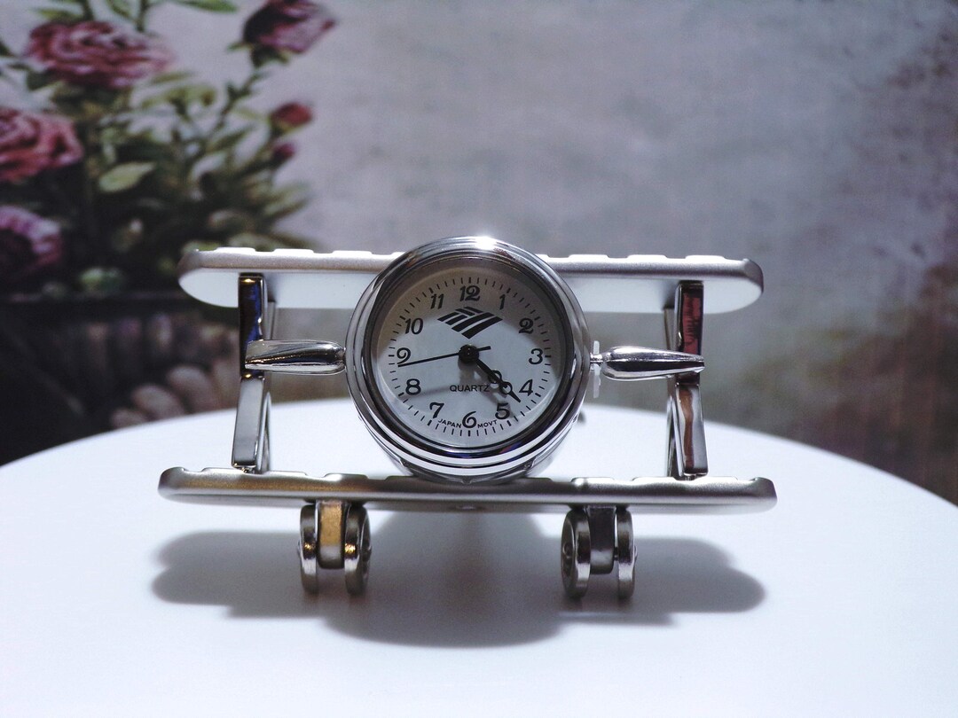 Airplane Clock - Silver Tone Miniature Biplane Propeller Clock – Japan ...