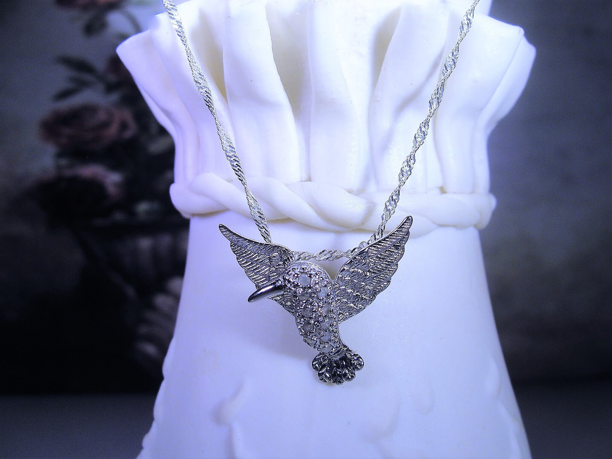 Vintage Sterling Silver Diamond Hummingbird Necklace / Pendant, .10 CTW ...