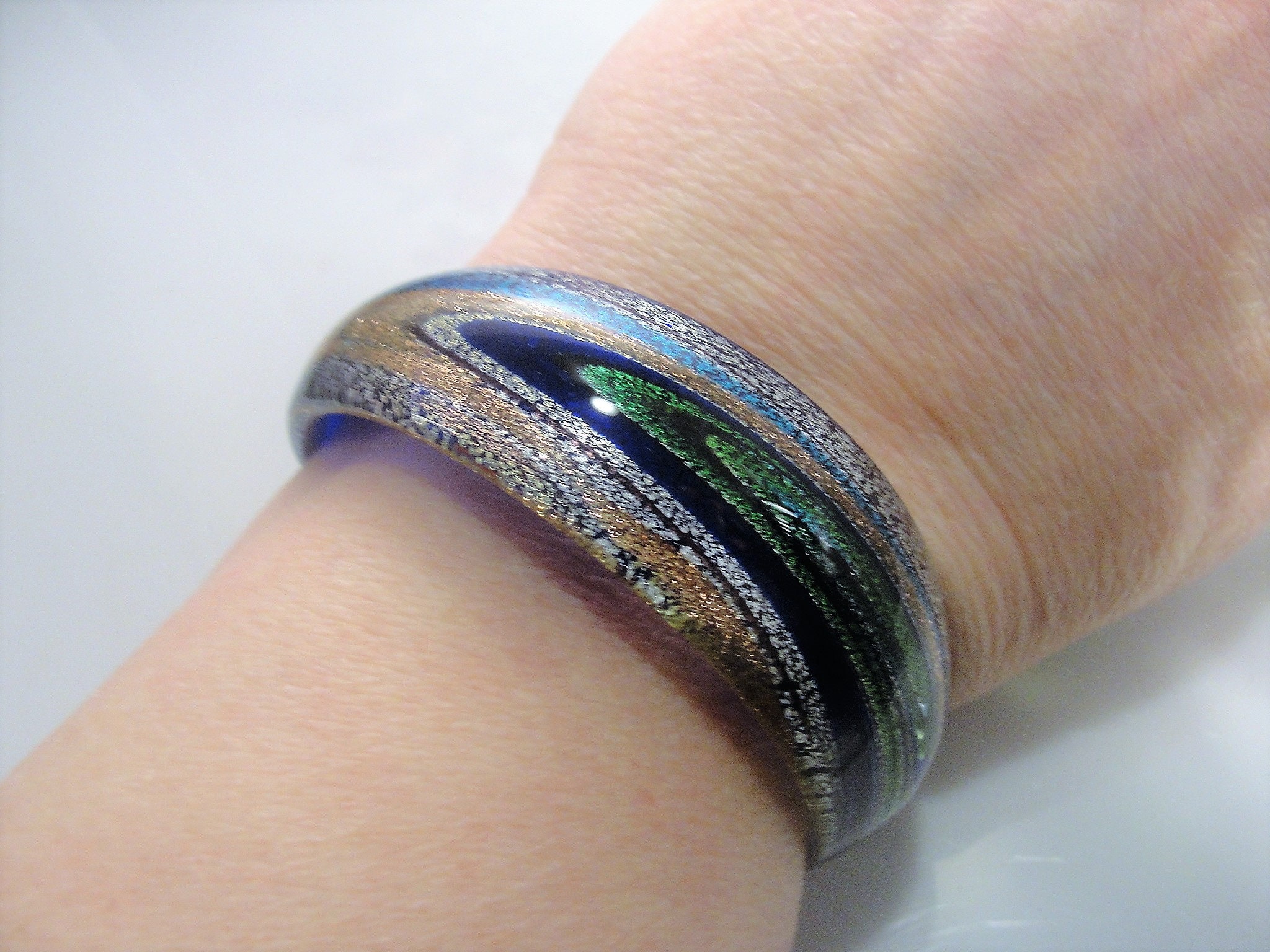 Cuff Bangle, Vintage Glittery Blue Art Glass Cuff Style Bangle Bracelet