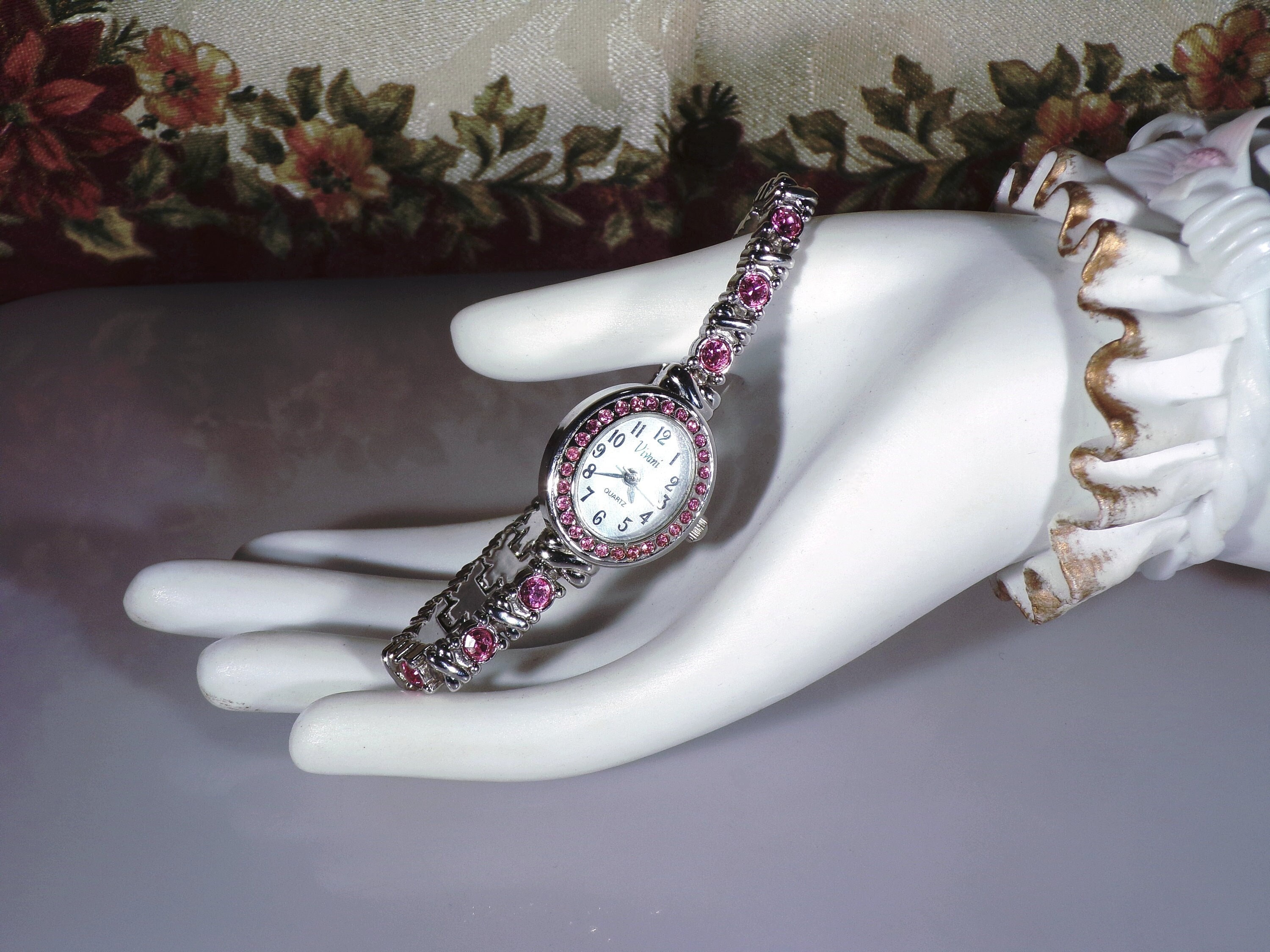 VIVANI Women’s Wrist Watch, Pink Rhinestone Watch with White Gold ...