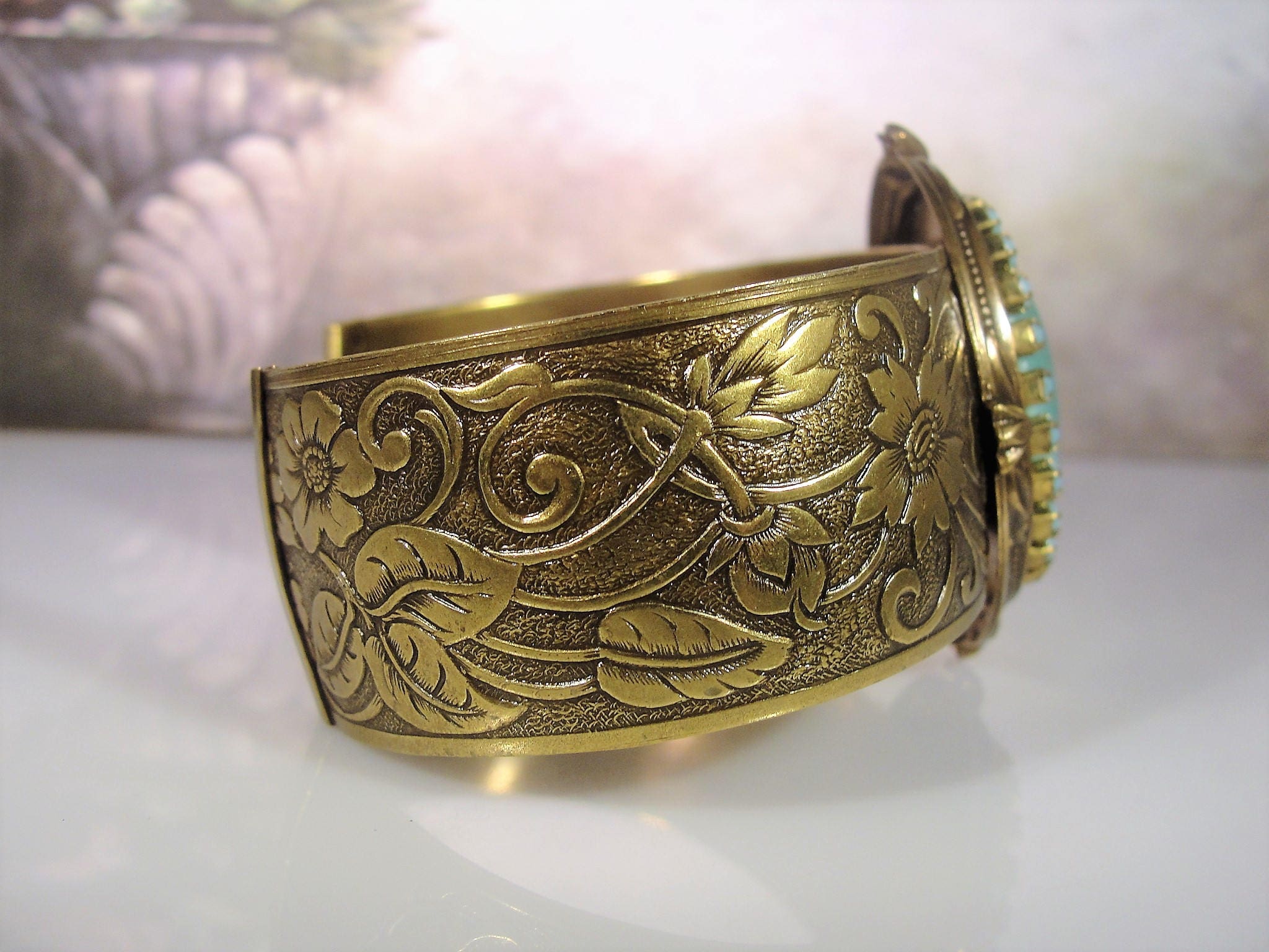 Southwestern Brass Floral Cuff Bracelet with Light Green Lucite ... Southwestern Brass Floral Cuff Bracelet with Light Green Lucite ...