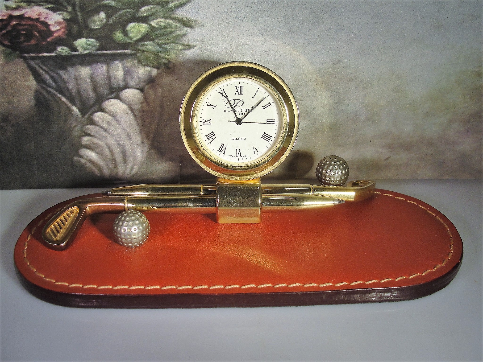 PLATINUM: Golf Pen and Clock Desk Set, Consists of two Golf Club Pens ...
