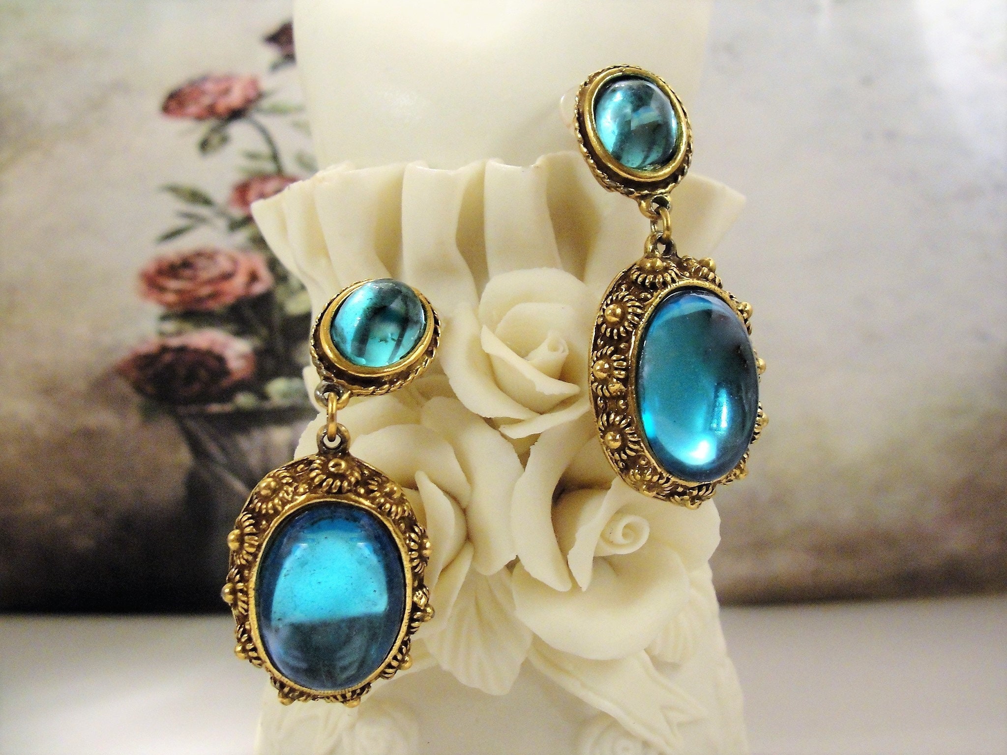 Pierced Earrings, Vintage RICHARD KERR Blue Cabochon Earrings with ...