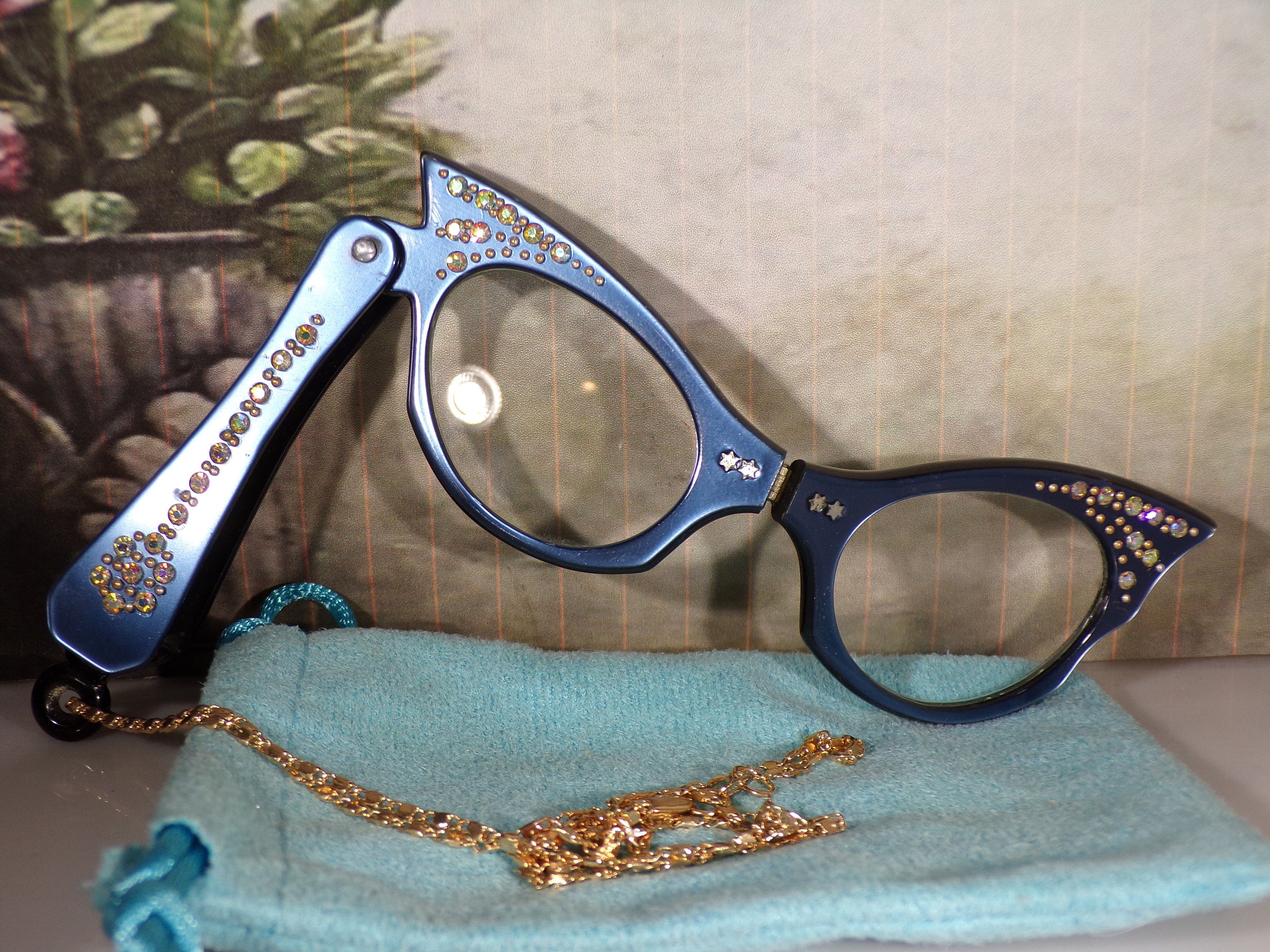 HONK KONG Dark Blue Celluloid Cat Eye Lorgnettes with Aurora Borealis ...