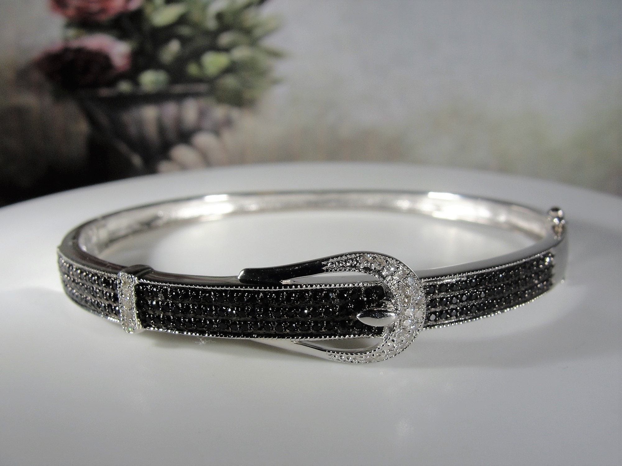 Buckle Bangle, Sterling Silver Diamond and Black Spinel Gems Buckle ...