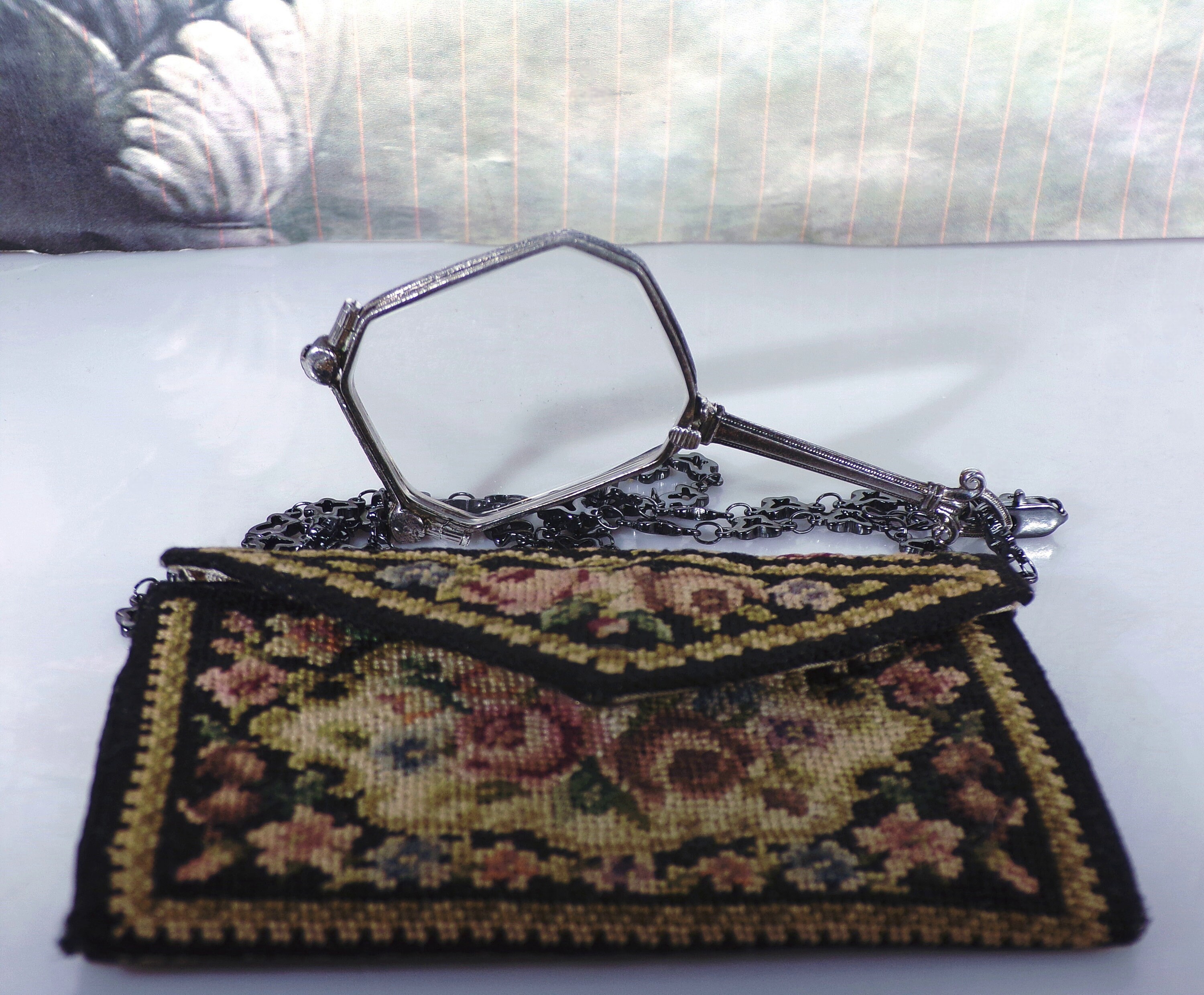 Antique Sterling Silver Lorgnette with a Petite Point Pouch, Art ...