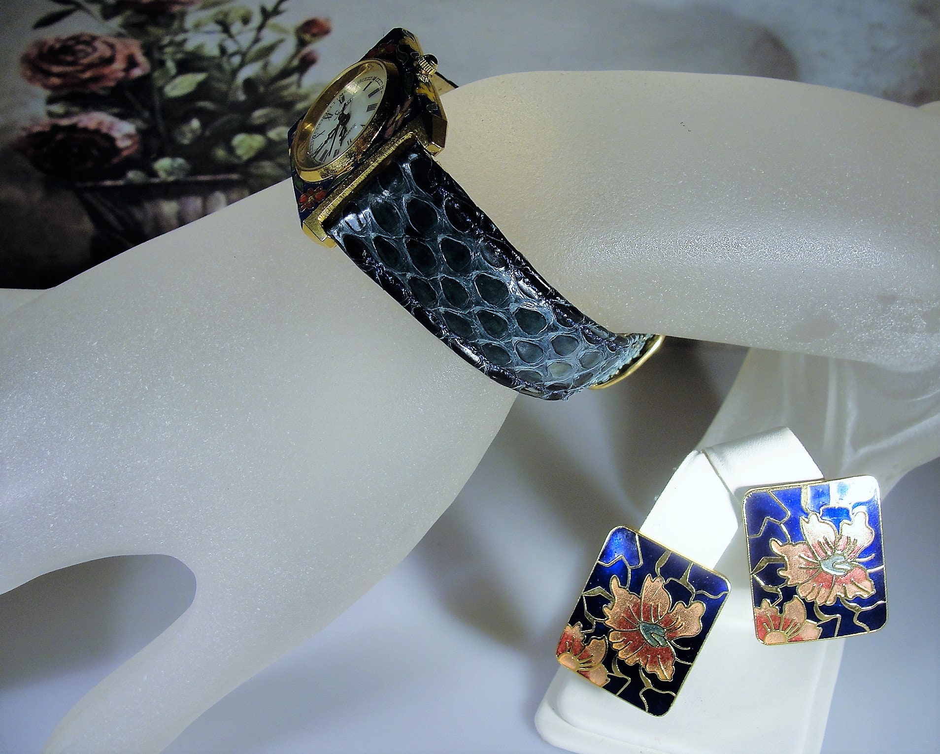 Cloisonné Watch & Earrings Set, Ladies Wrist Watch, Genuine Leather ...