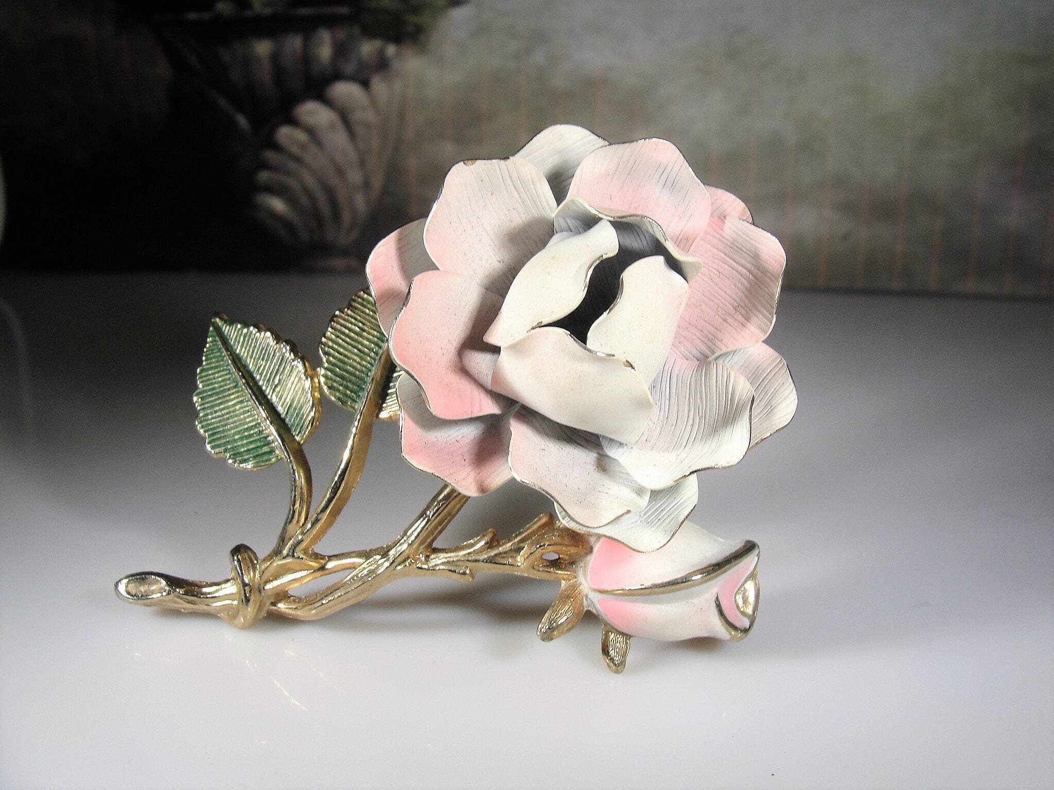 Flower Brooch, Large Blush Pink & Green Flower Brooch, Gold Gilt Edged ...