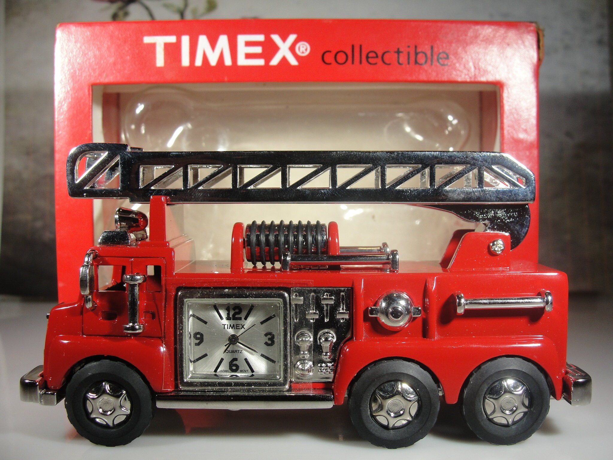 Miniature Clock, Vintage TIMEX Miniature Red Ladder Firetruck Quartz Clock