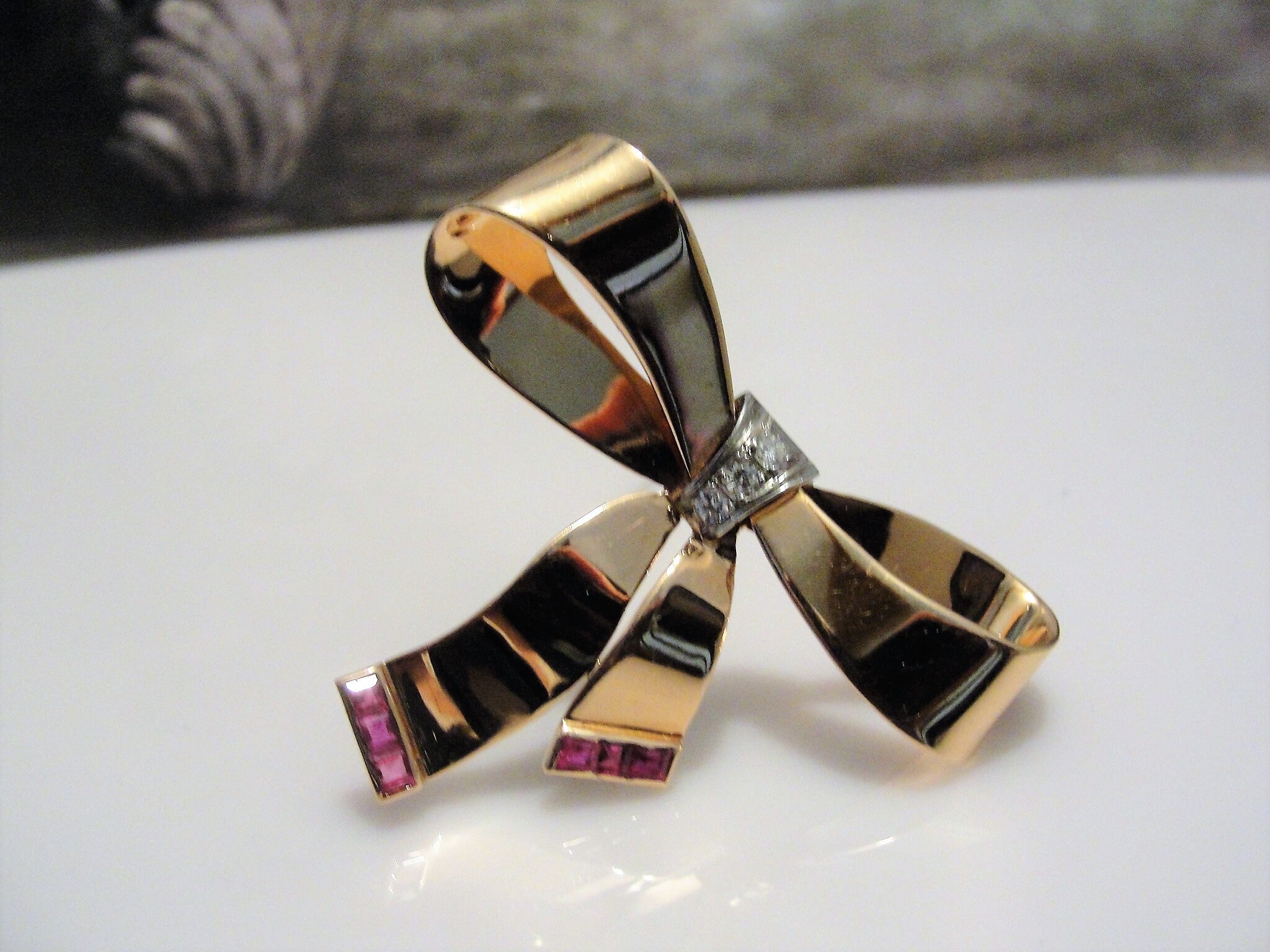 Fine Jewelry Brooch, 14K Rose Gold Diamond and Red Tourmaline Sleek ...
