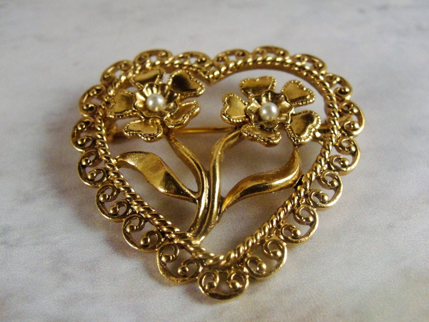 Vintage Pearl Flower Heart Brooch, Heart Shaped Brooch, Gold Tone ...