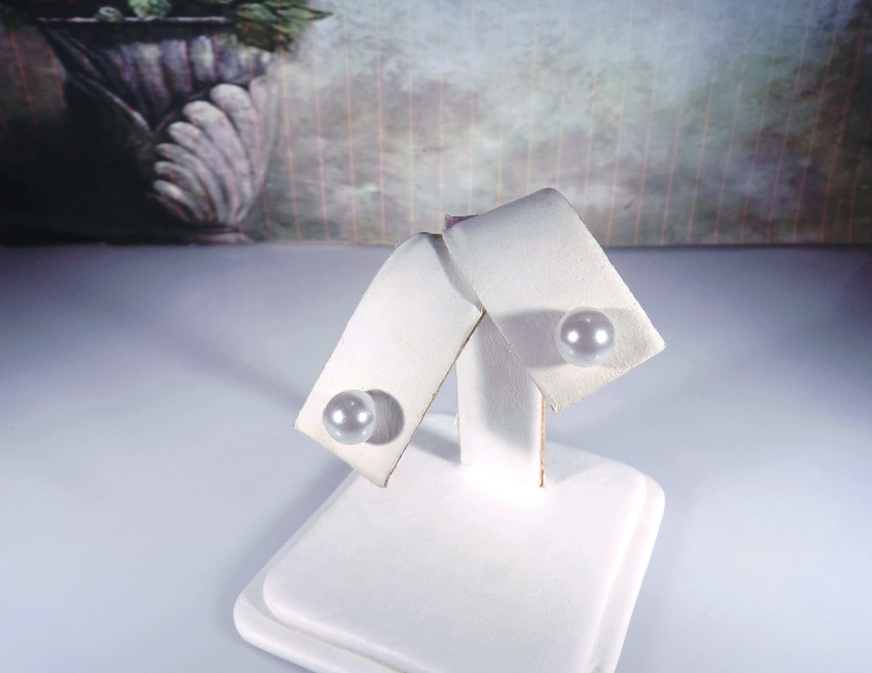 White Pearl Round Stud Earrings, Stainless Steel Posts, Butterfly Backs ...