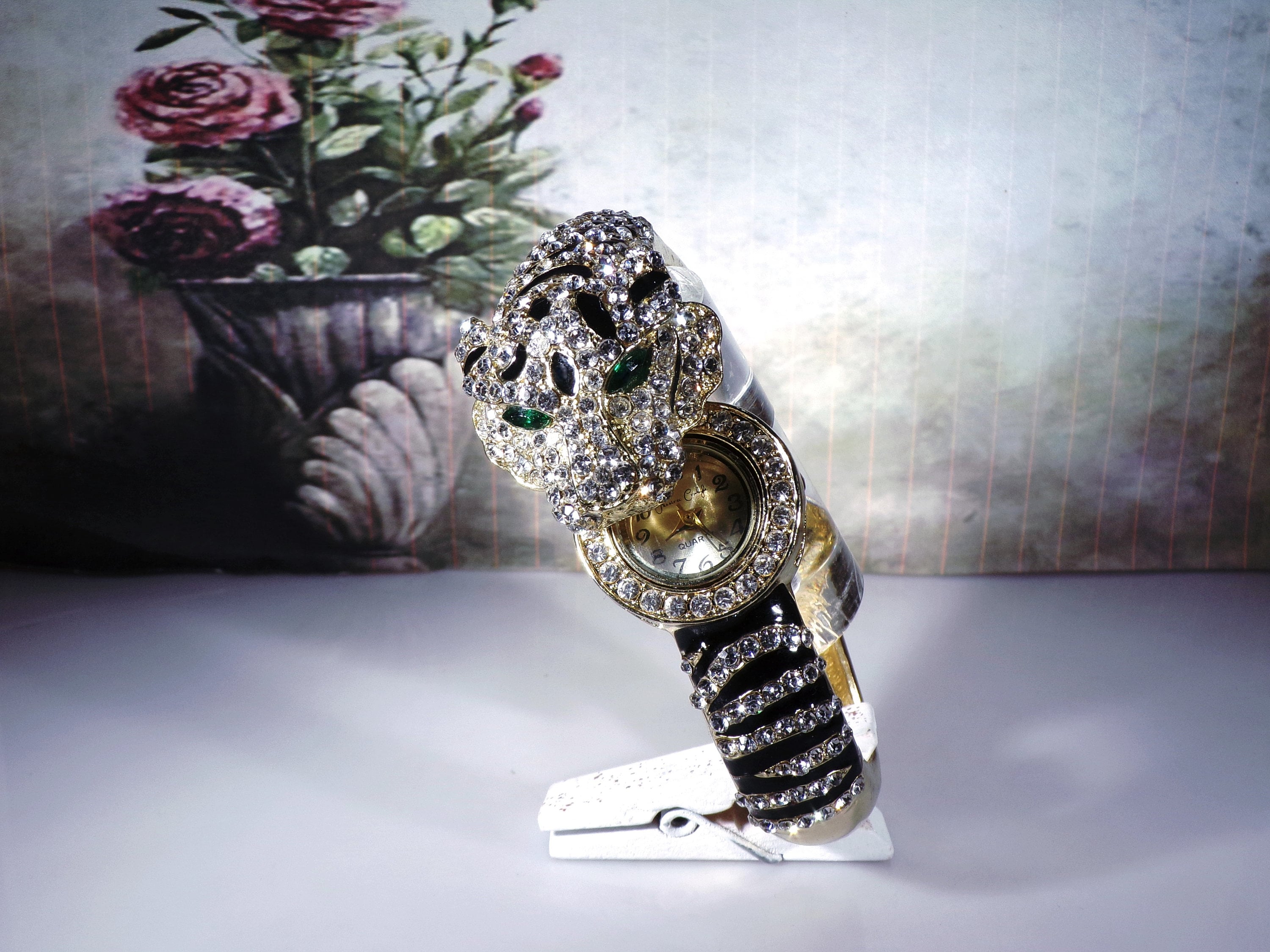 JESSICA CARLYLE Rhinestone and Enamel Tiger Bangle Wrist Watch, Couture ...