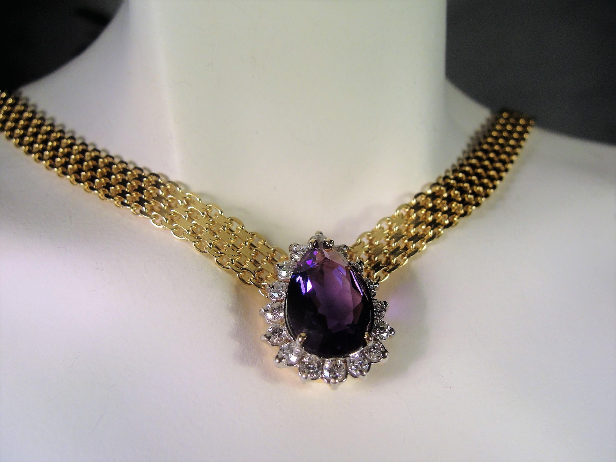 Amethyst and Diamond Necklace, 14K Yellow Gold Necklace, 14K Gold Mesh ...