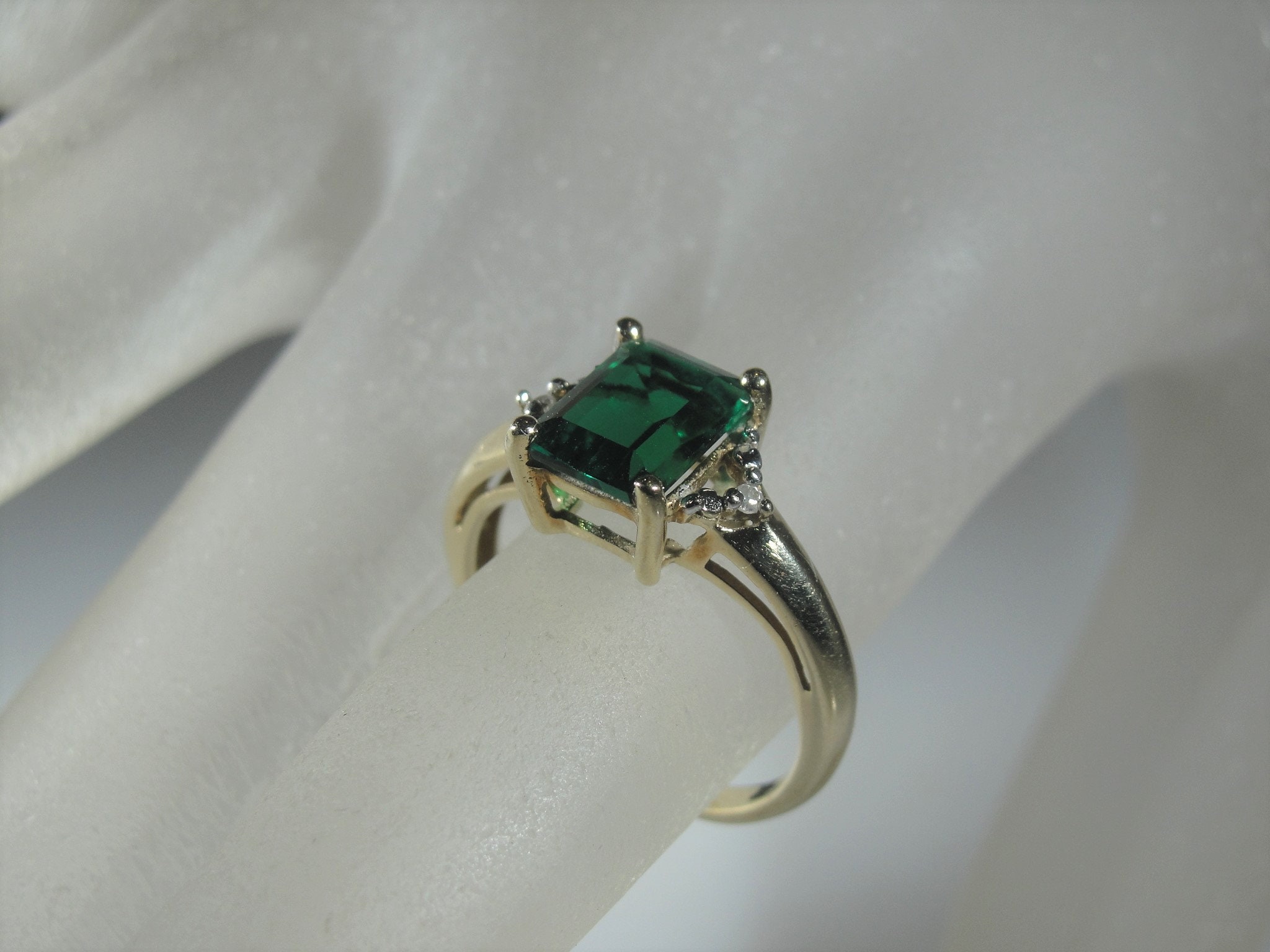 Emerald Ring, 10K Yellow Gold Emerald Cut Green Emerald and Diamond ...