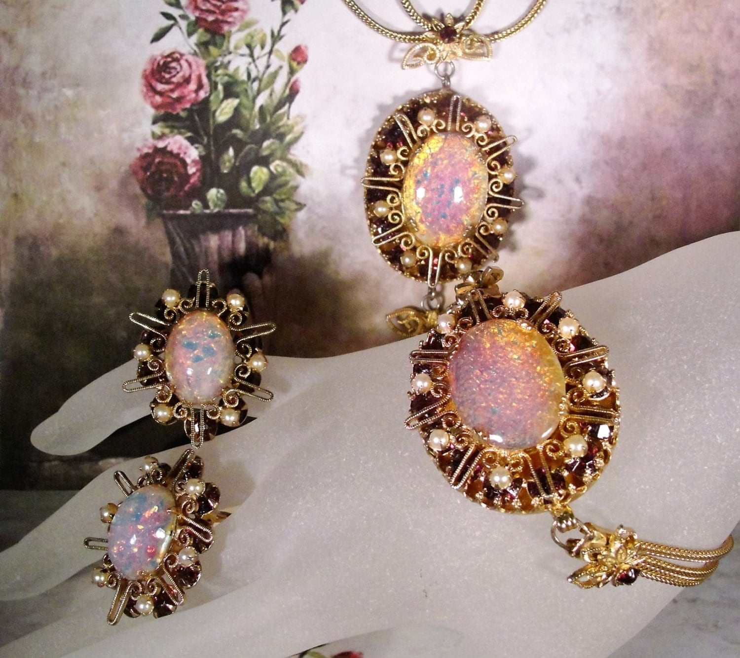Victorian Jewelry Set, Pink Faux Opal Cabochons, Amethyst Rhinestones ...
