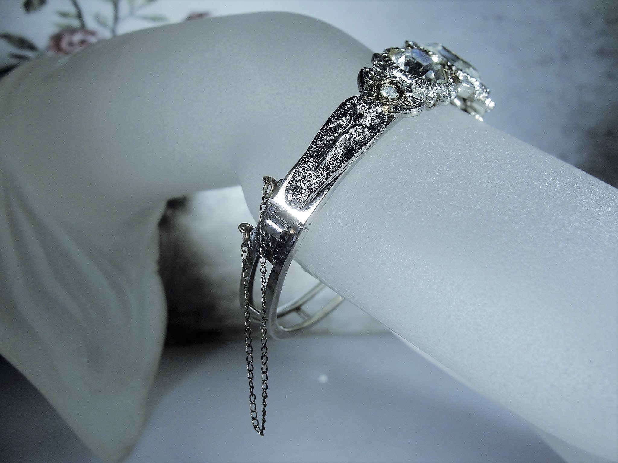 Victorian Style Rhinestone Silver Tone Bangle, Gold Foil Rhinestone ...