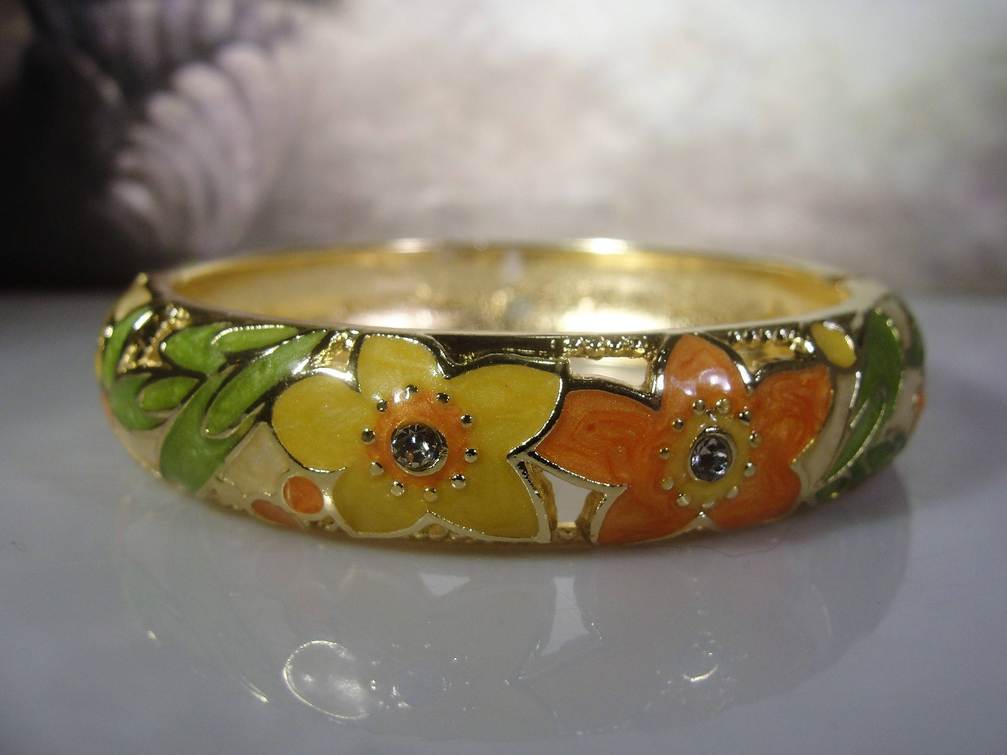 Vintage Jiu Long Xing Cloisonne Enamel Flower Bangle with Gold Gilt ...