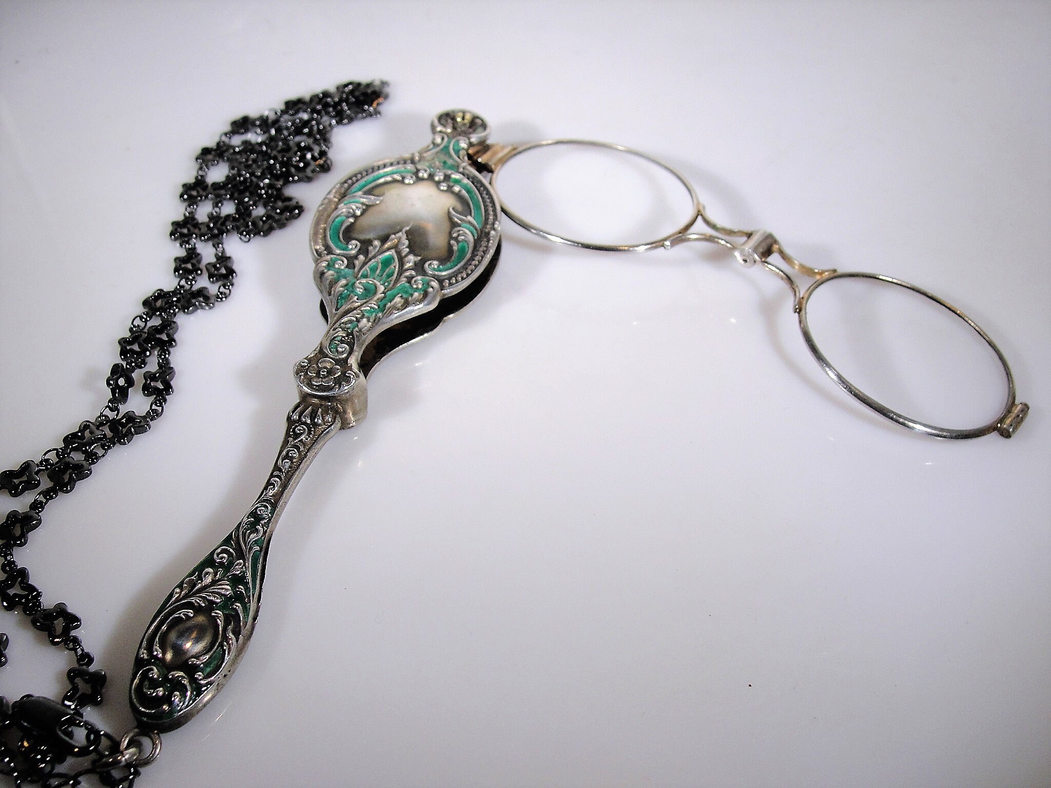 Antique Lorgnette, Victorian Sterling Silver Green Enamel Embellished ...
