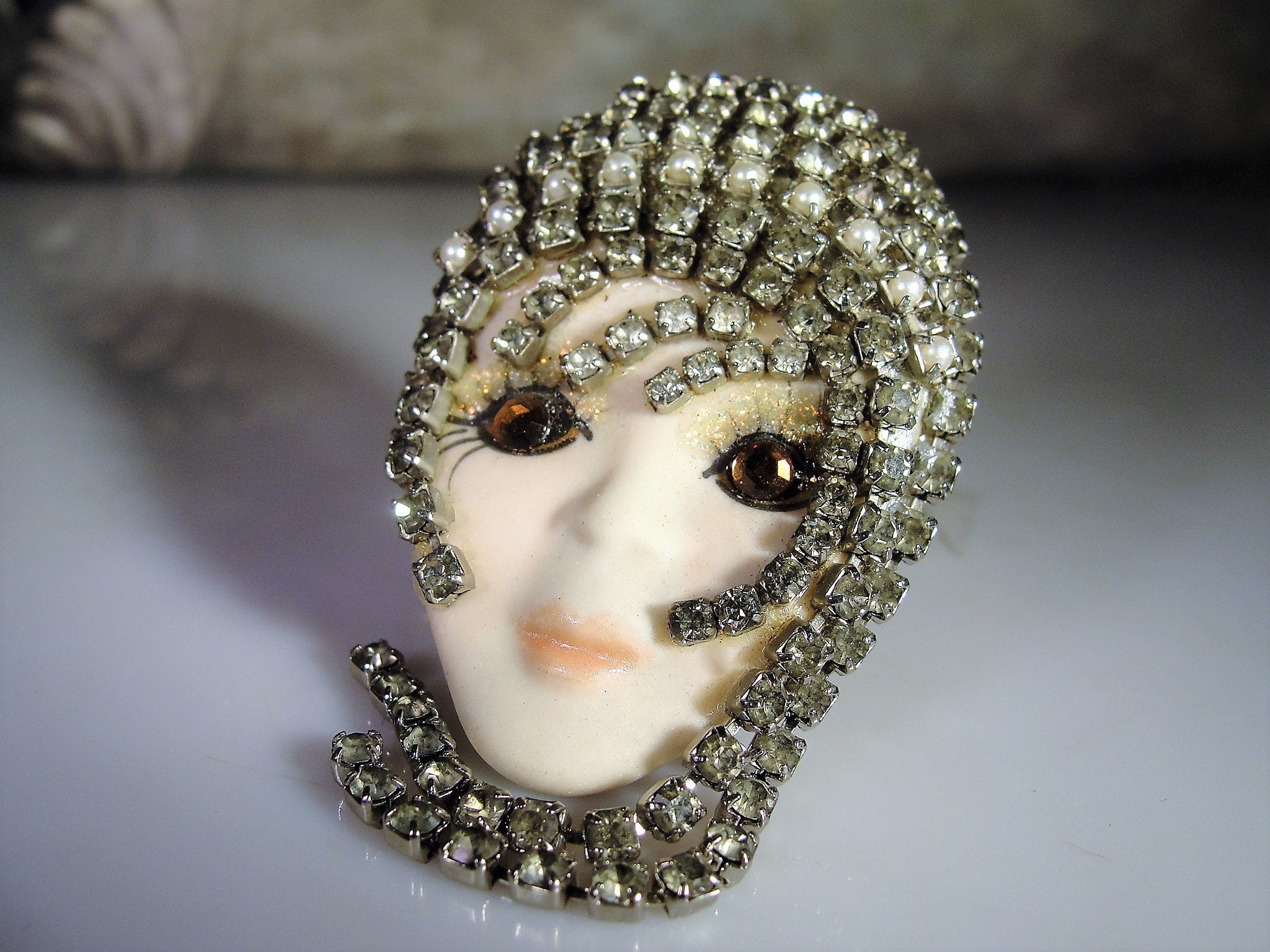 Porcelain Rhinestone Seed Pearl Flapper Face Brooch, JEAN DESIGN ...