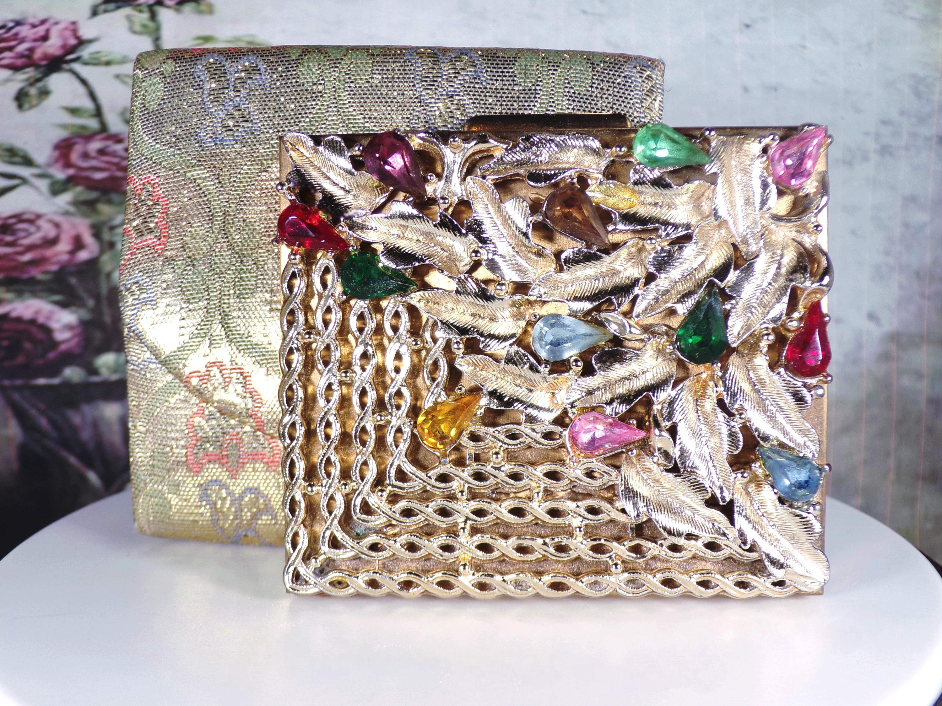 Powder Compact – Bejeweled Powder Compact with Brocade Case – Vintage ...
