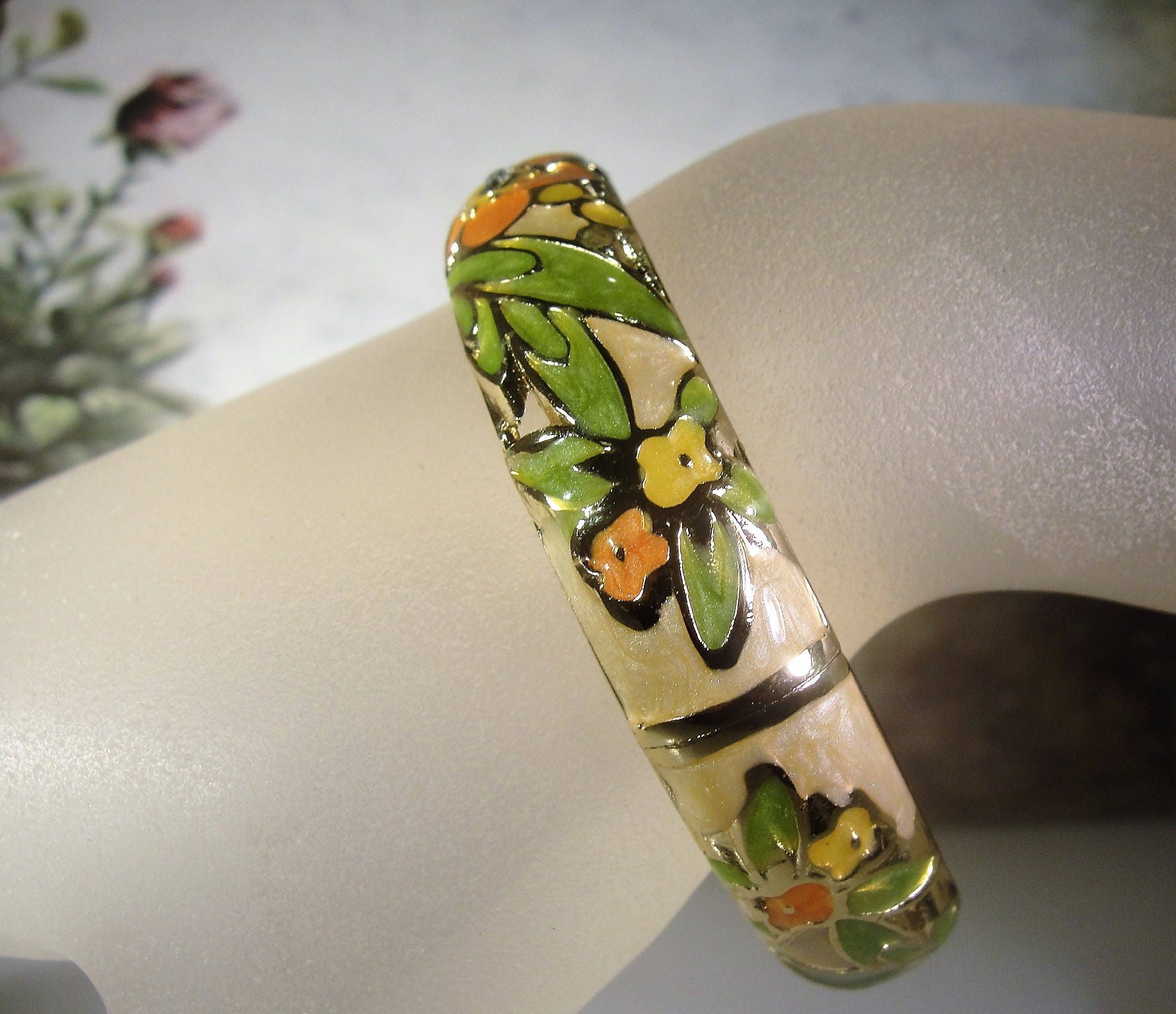 Vintage Jiu Long Xing Cloisonne Enamel Flower Bangle with Gold Gilt ...